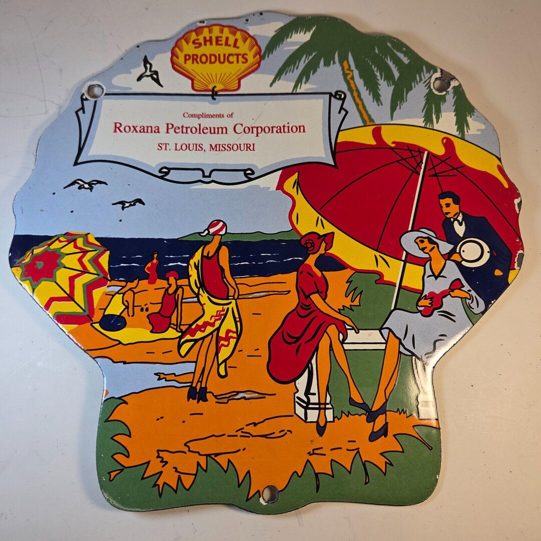 Vintage Shell Gasoline Porcelain Clam Shape Roxana Gas & Oil Pump Plate ...