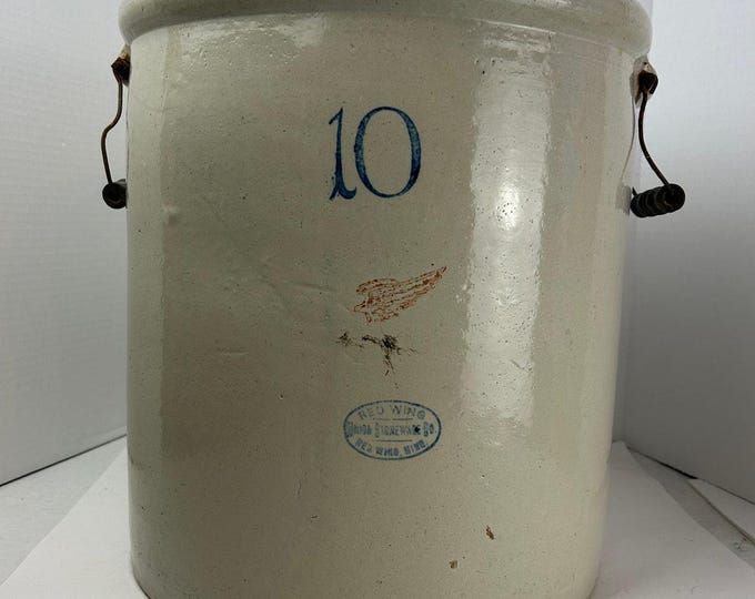 Antique Red Wing Union Stoneware 10 Gallon Crock Large Wing Oval Stamp ...