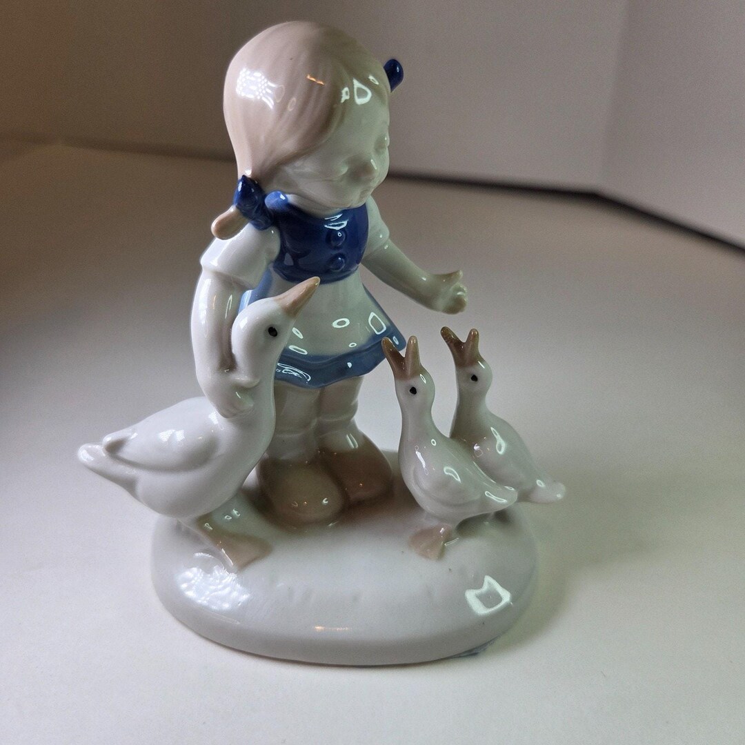 Vintage Porcelain Figurine Girl With Geese Ducks Blue Dress – Marked ...