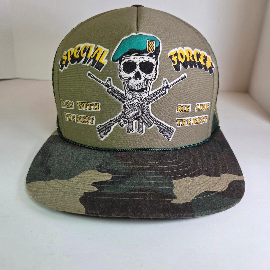 Vintage Taiwan ROC Special Forces Mesh Snapback Hat Skull Rifles Camo ...