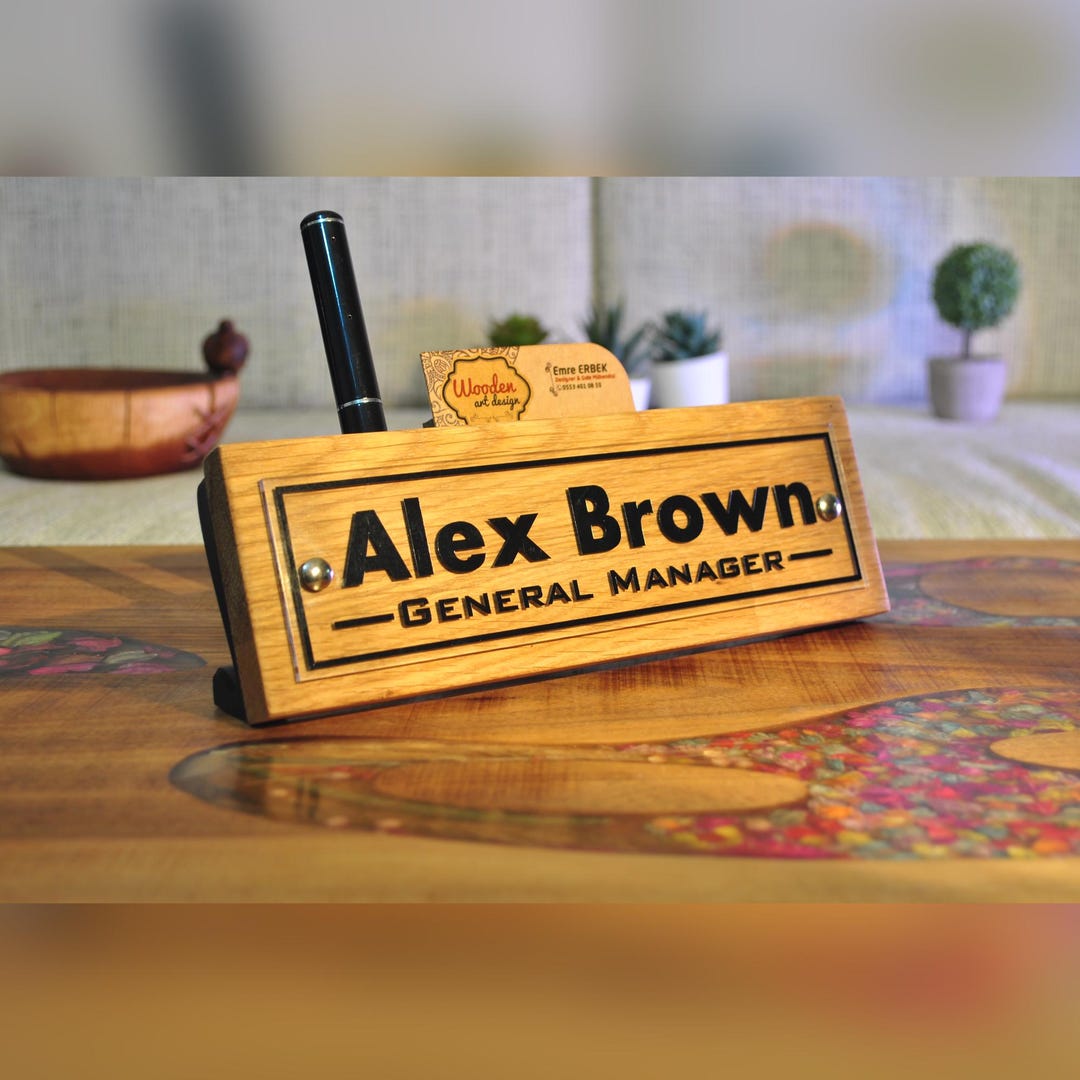 Wood Desk Name Plate, Pen and Business Card Holder Slots Included, Gift ...