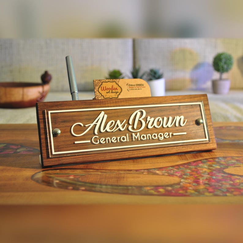 Wood Desk Name Plate, Pen and Business Card Holder Slots Included, Gift ...