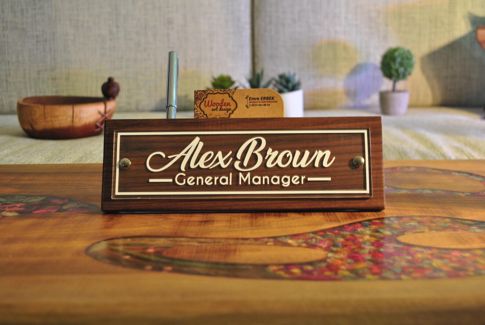 Wood Desk Name Plate, Pen and Business Card Holder Slots Included, Gift ...