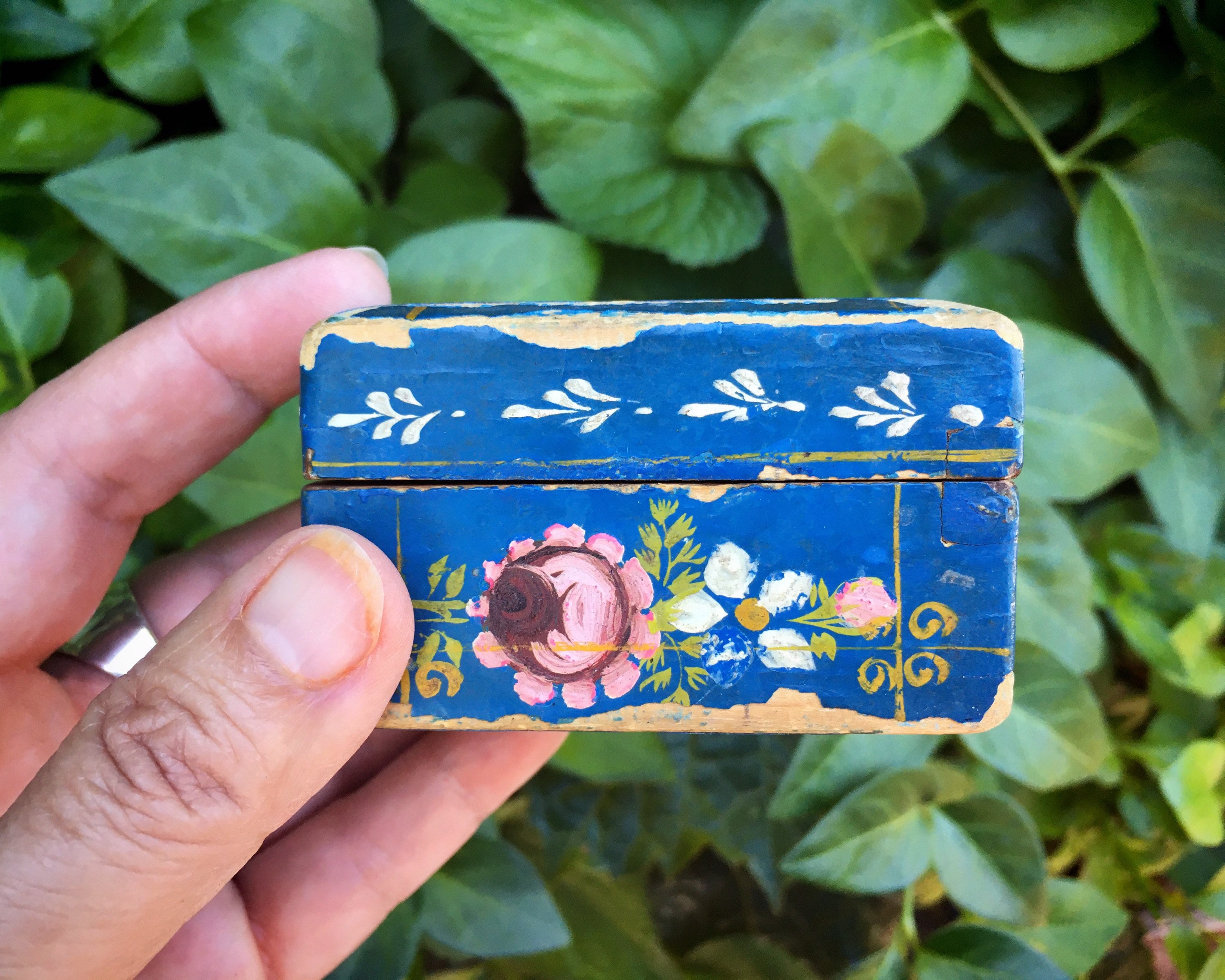 Very Small Tiny Vintage Mexican Lacquer Painted Wood Box with Floral ...