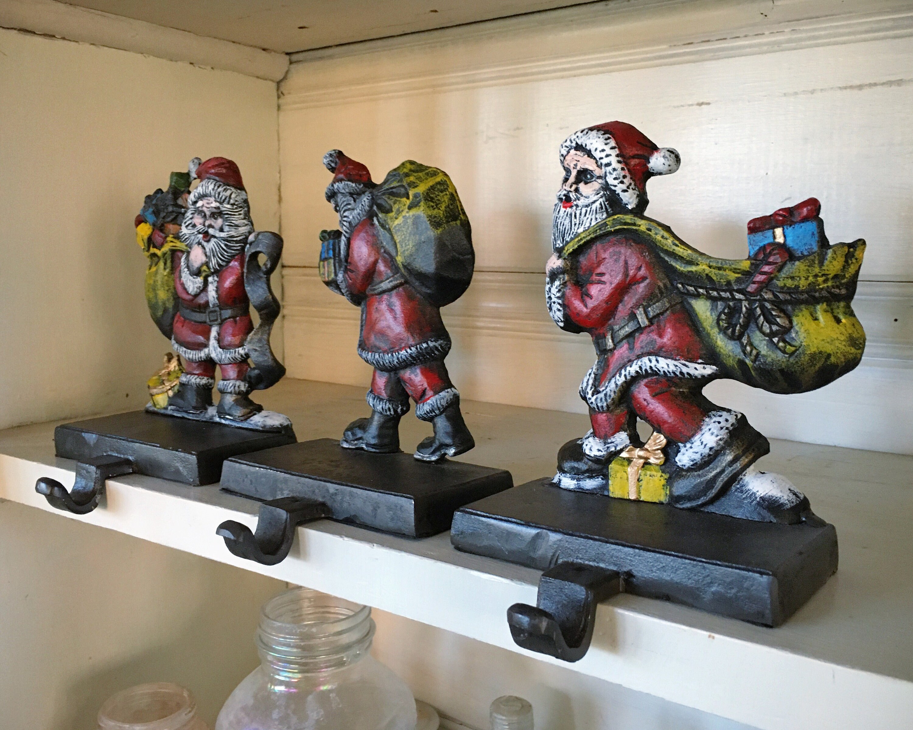 Three Cast Iron Santa Claus Stocking Holders for Mantle, Vintage ...