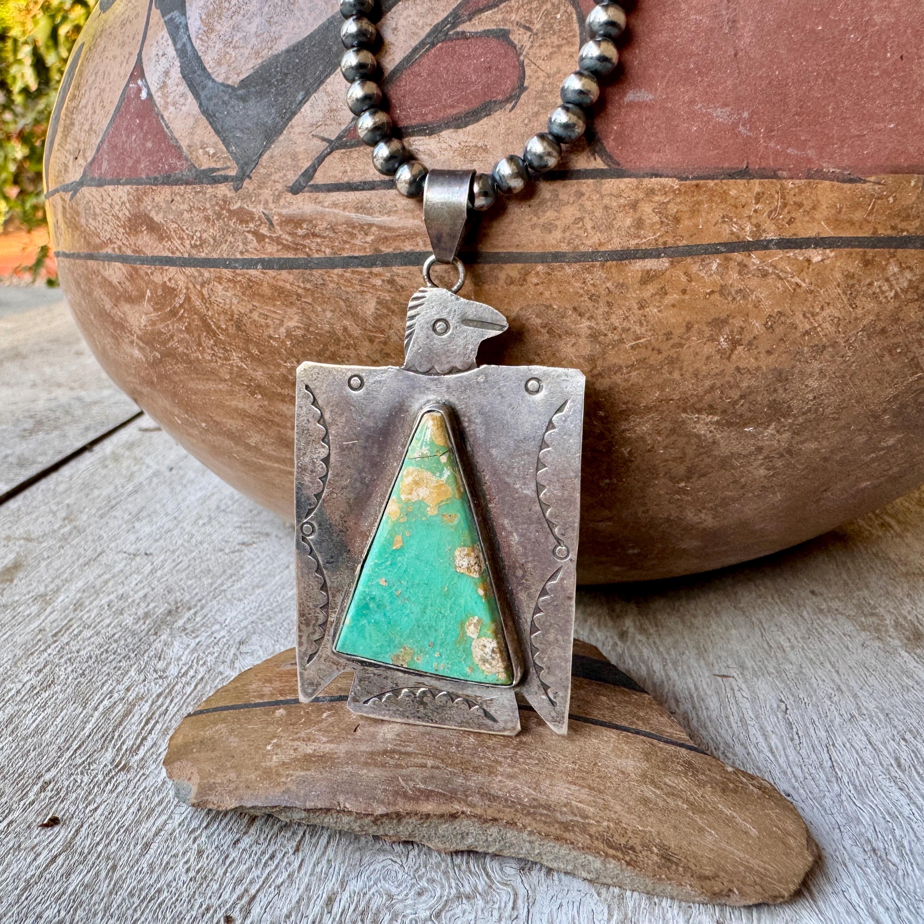 Stamped Silver Turquoise Thunderbird Pendant Necklace Approx 18 Navajo ...