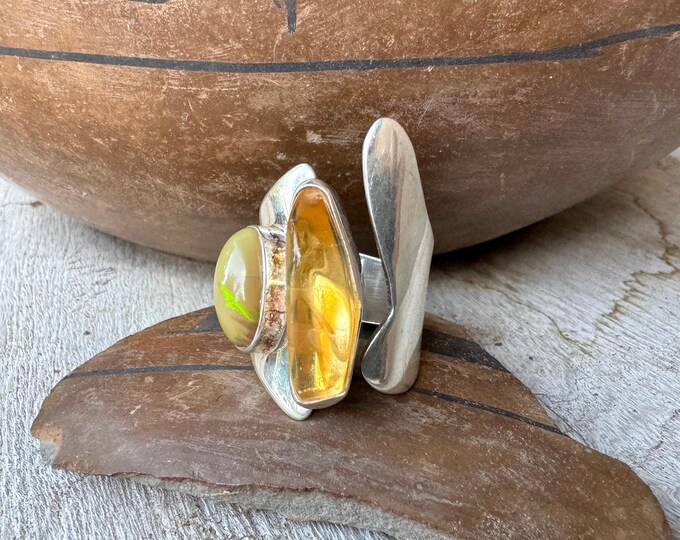 Lilly Barrack Silver Bezel-set-amber & Opal Gemstones Ring Approx Size ...