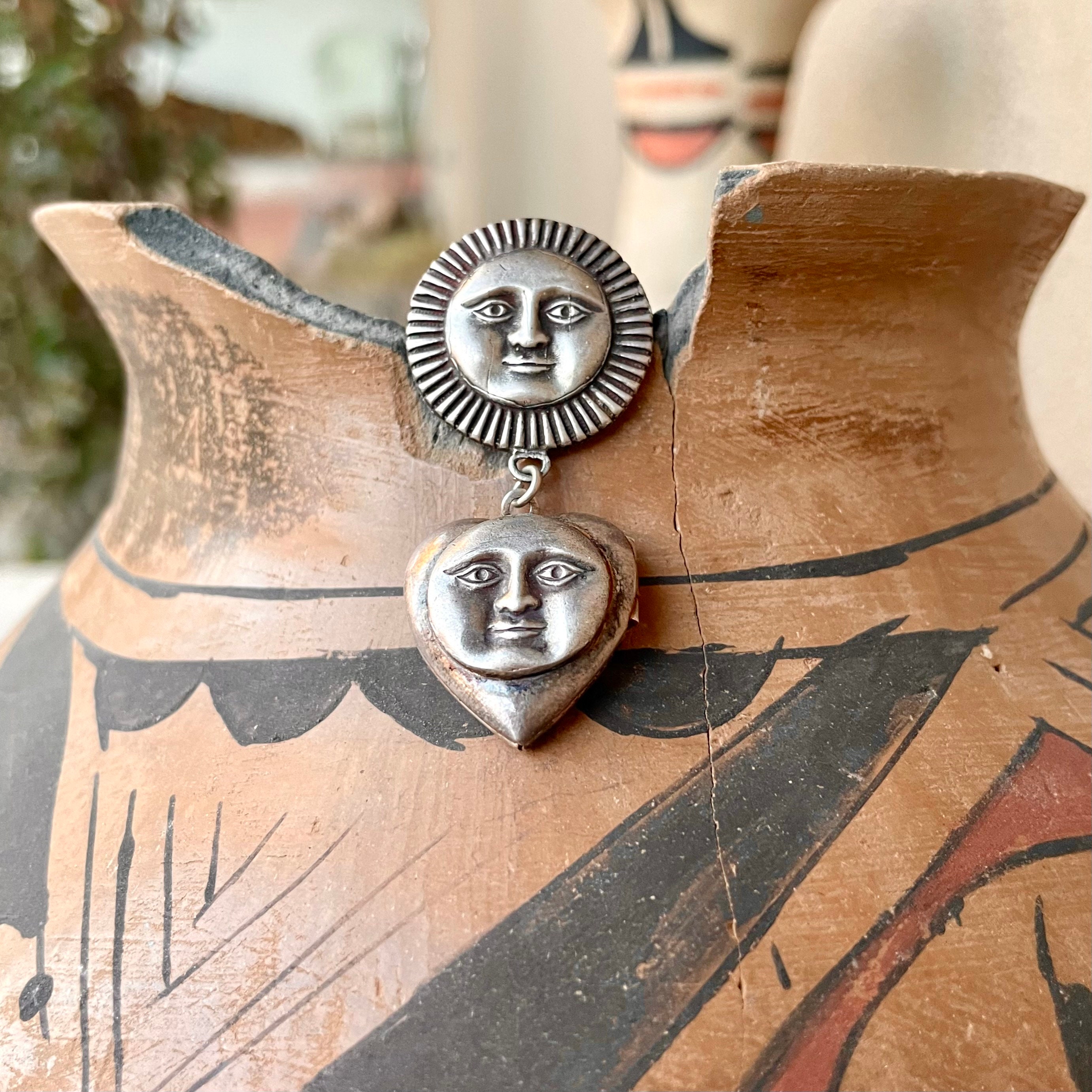 Vintage Sterling Silver Sun and Moon Face Brooch Pin with Dangling ...