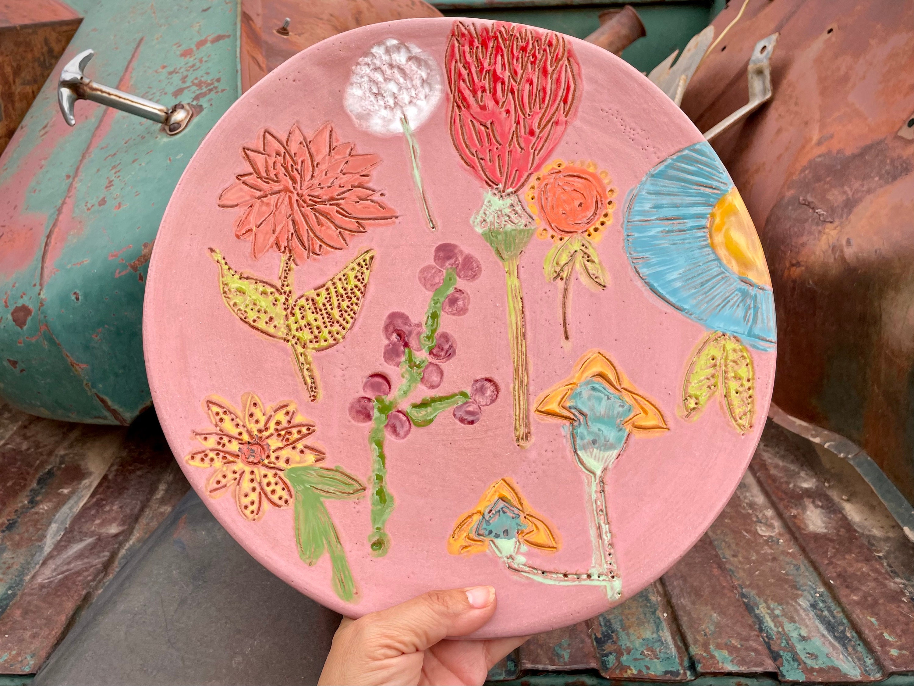 Vintage Large and Heavy Art Studio Plate with Sgraffito Floral Design ...