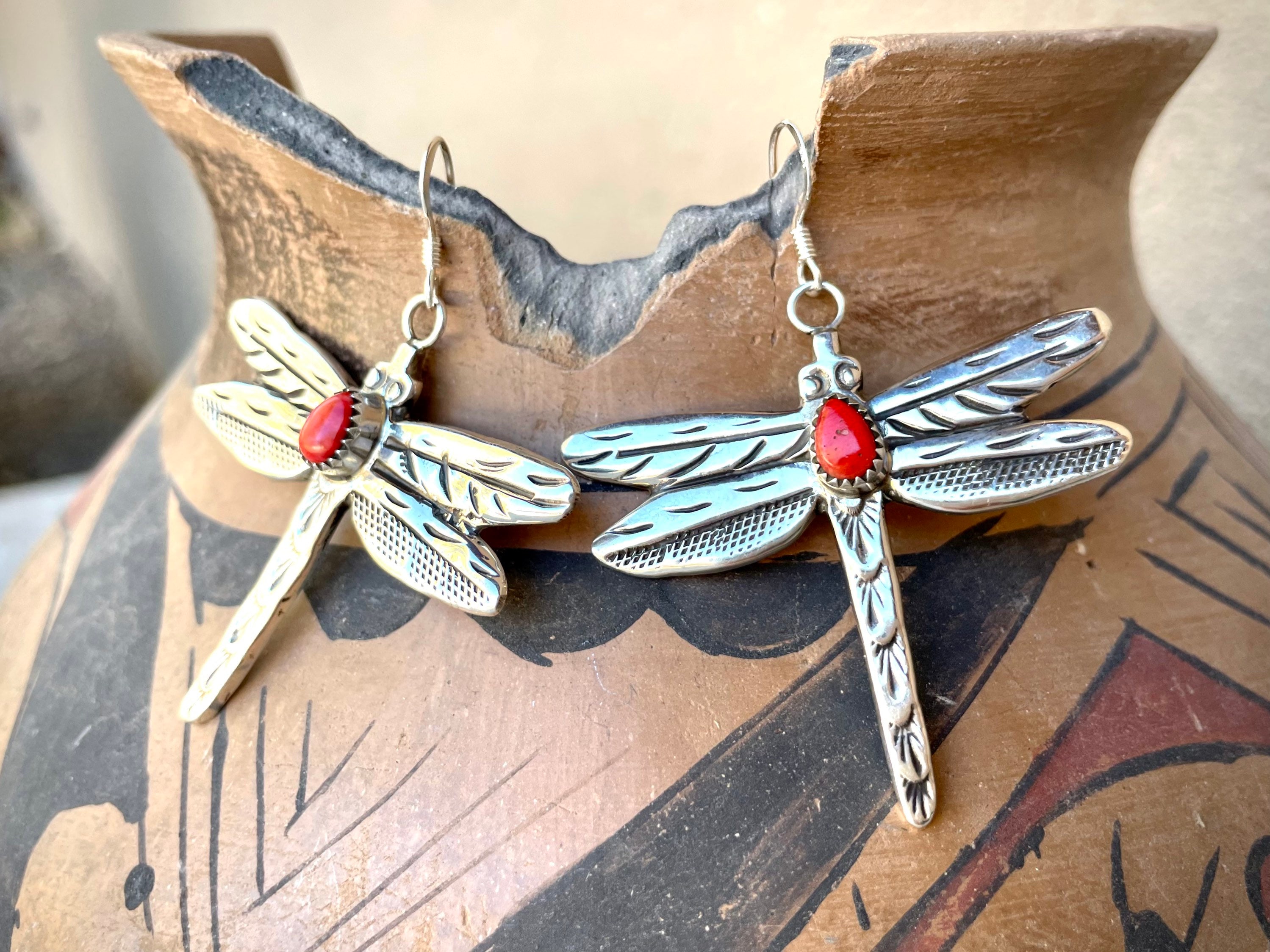 Sterling Silver Red Coral Dragonfly Earrings Signed Z, Navajo Native ...