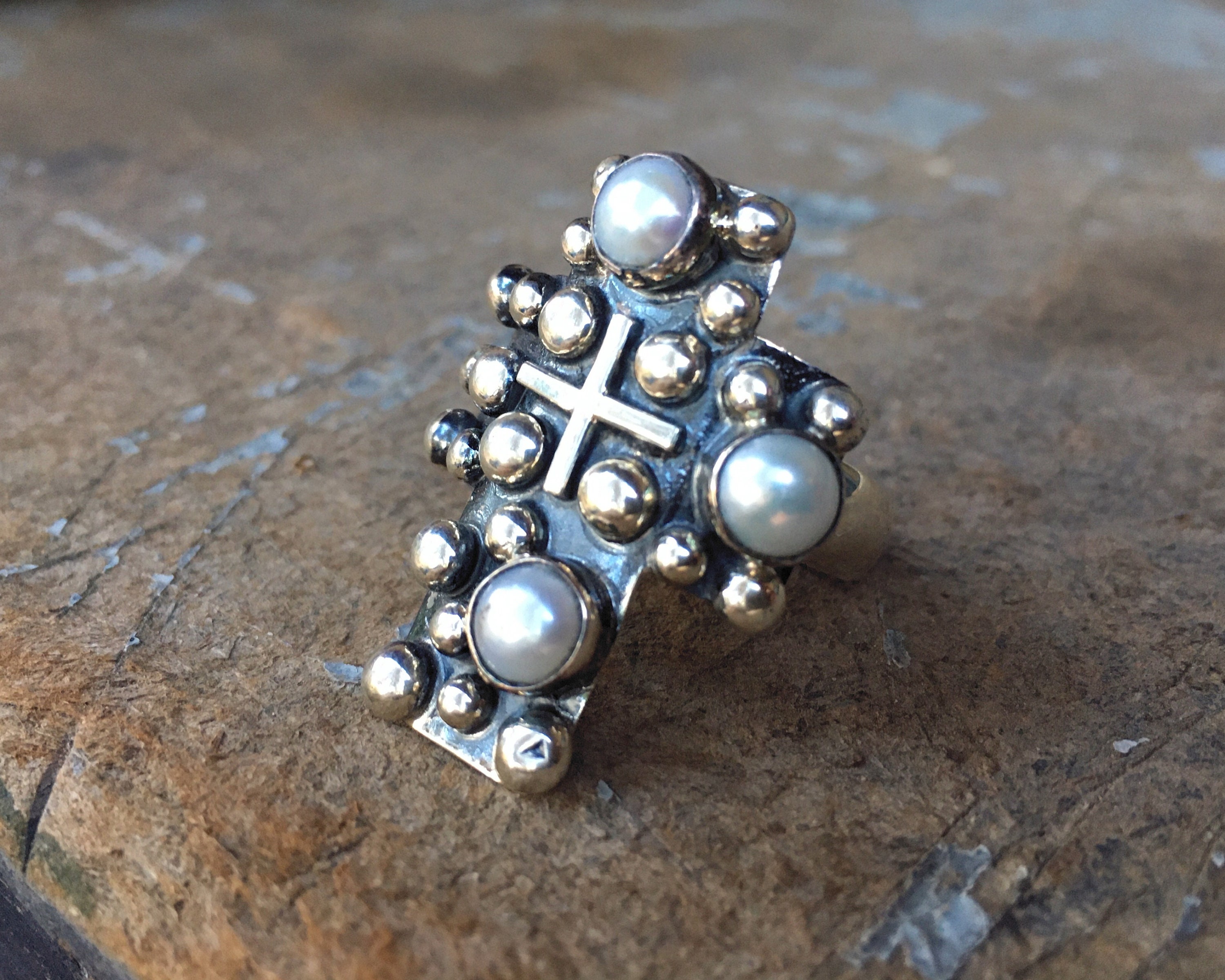 Size 9 Sterling Silver and Pearls Cross Ring by Navajo Ronald Tom ...