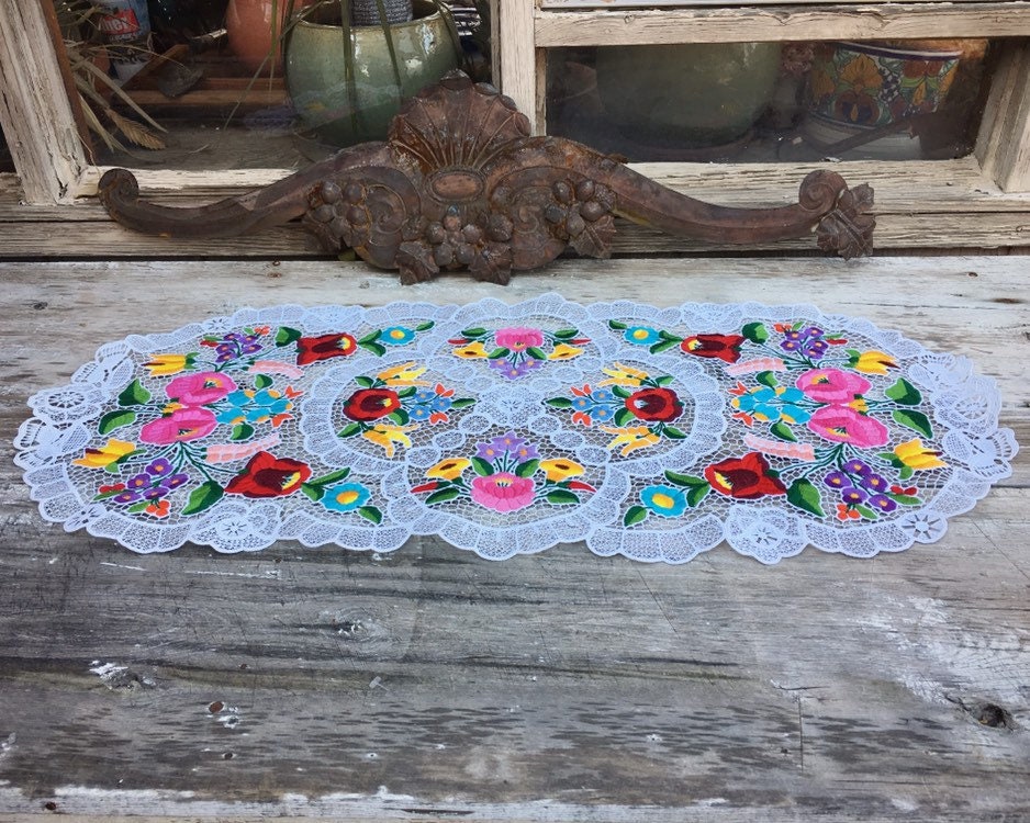Vintage Hungarian Kalocsa Lace Doily Table Runner, Hand Embroidered ...