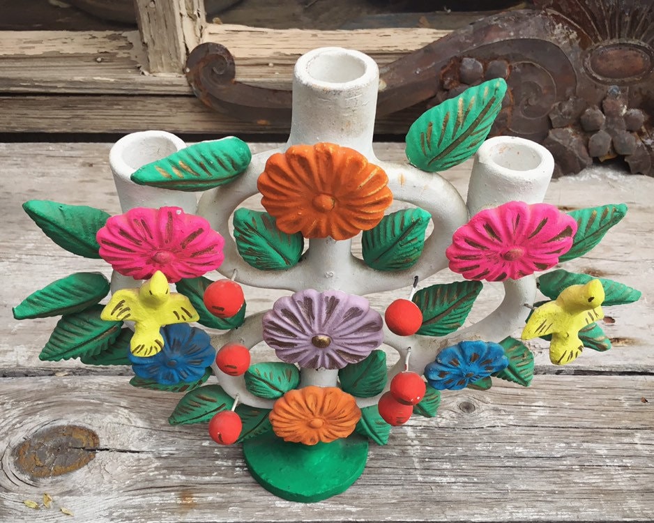 Vintage Mexico Tree of Life Pottery 12 Candle Holder Colorful Flowers ...