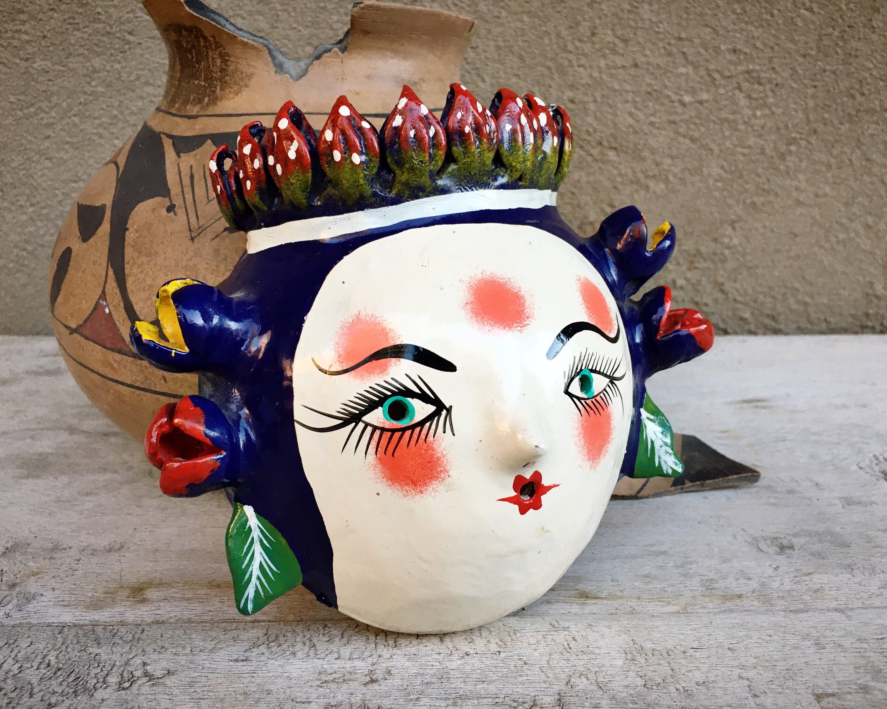 Vintage Mexican Folk Art Face Mask Coconut Shell Wall Hanging, Mexican ...