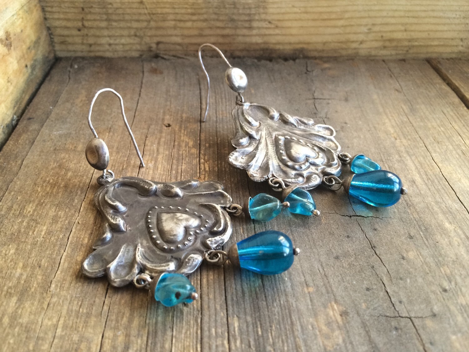 Large vintage Ecuador coin silver earrings with blue glass beads ...