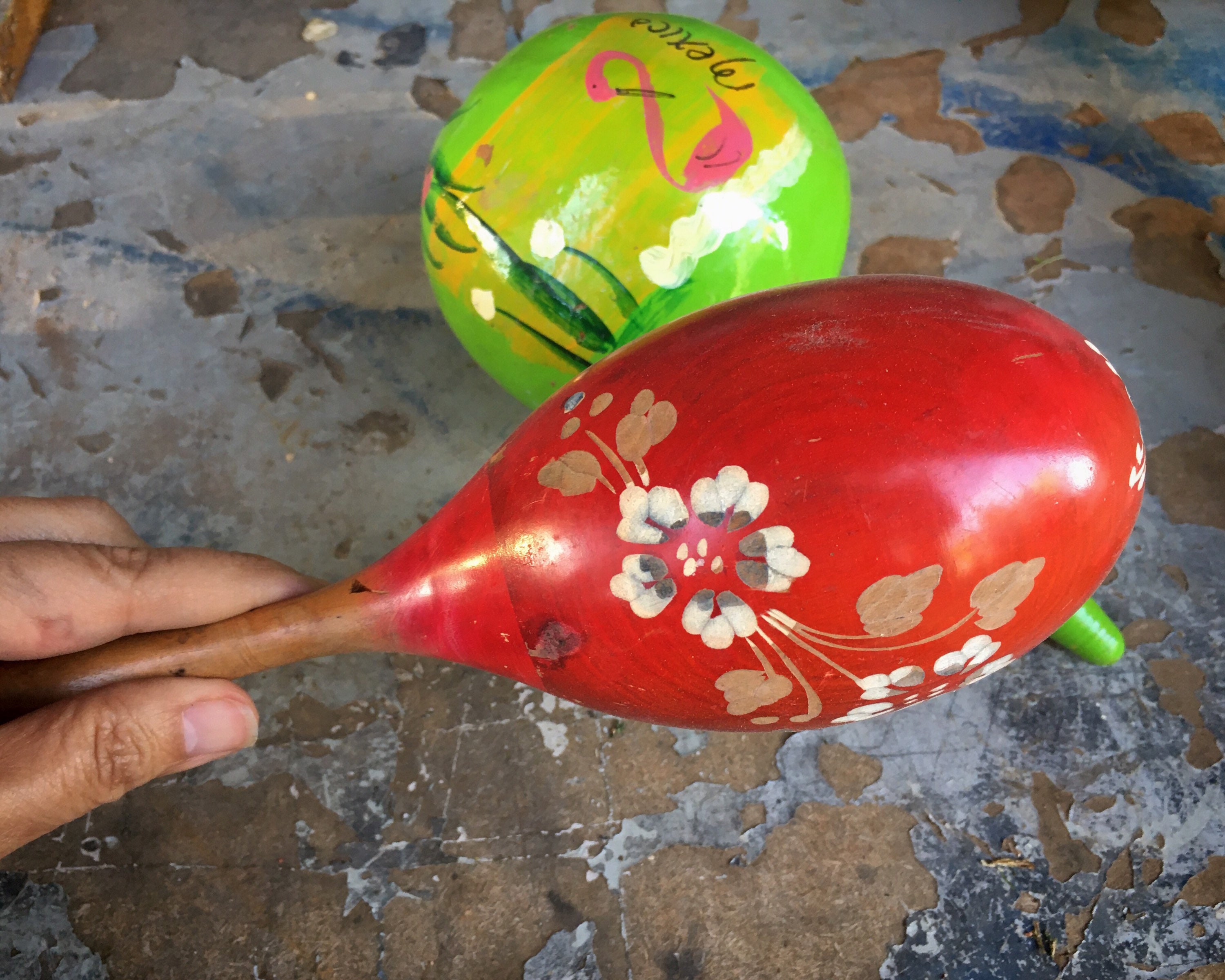 Two Mismatched Red and Green Maracas Mexican Souvenirs, Vintage Rattles ...