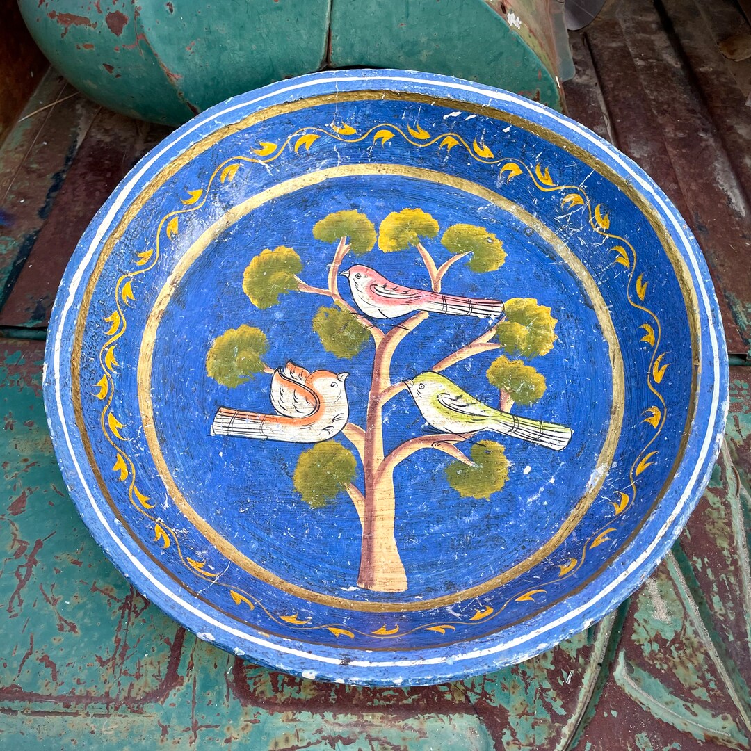 Vintage Distressed 17.5" Paper Mache Shallow Folk Art Bowl, Farmhouse ...