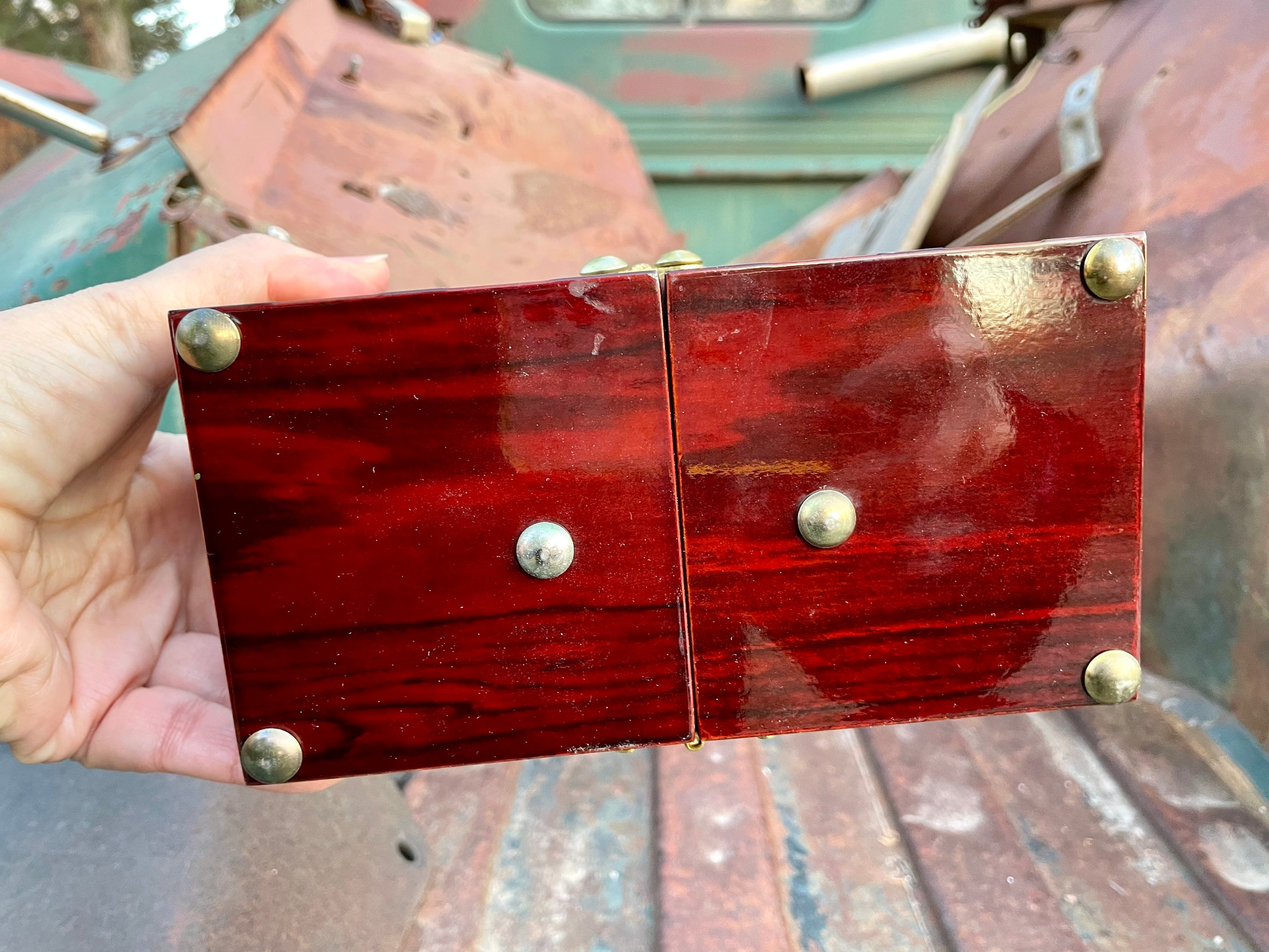 Medium Small Vintage Chinese Puzzle Box of Wood and Brass Metal, Four ...