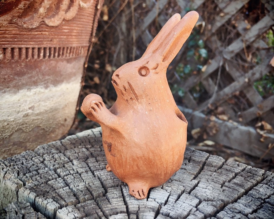 Small Mexican Pottery Bunny Figurine Whistle Weed Vase, Folk Art ...