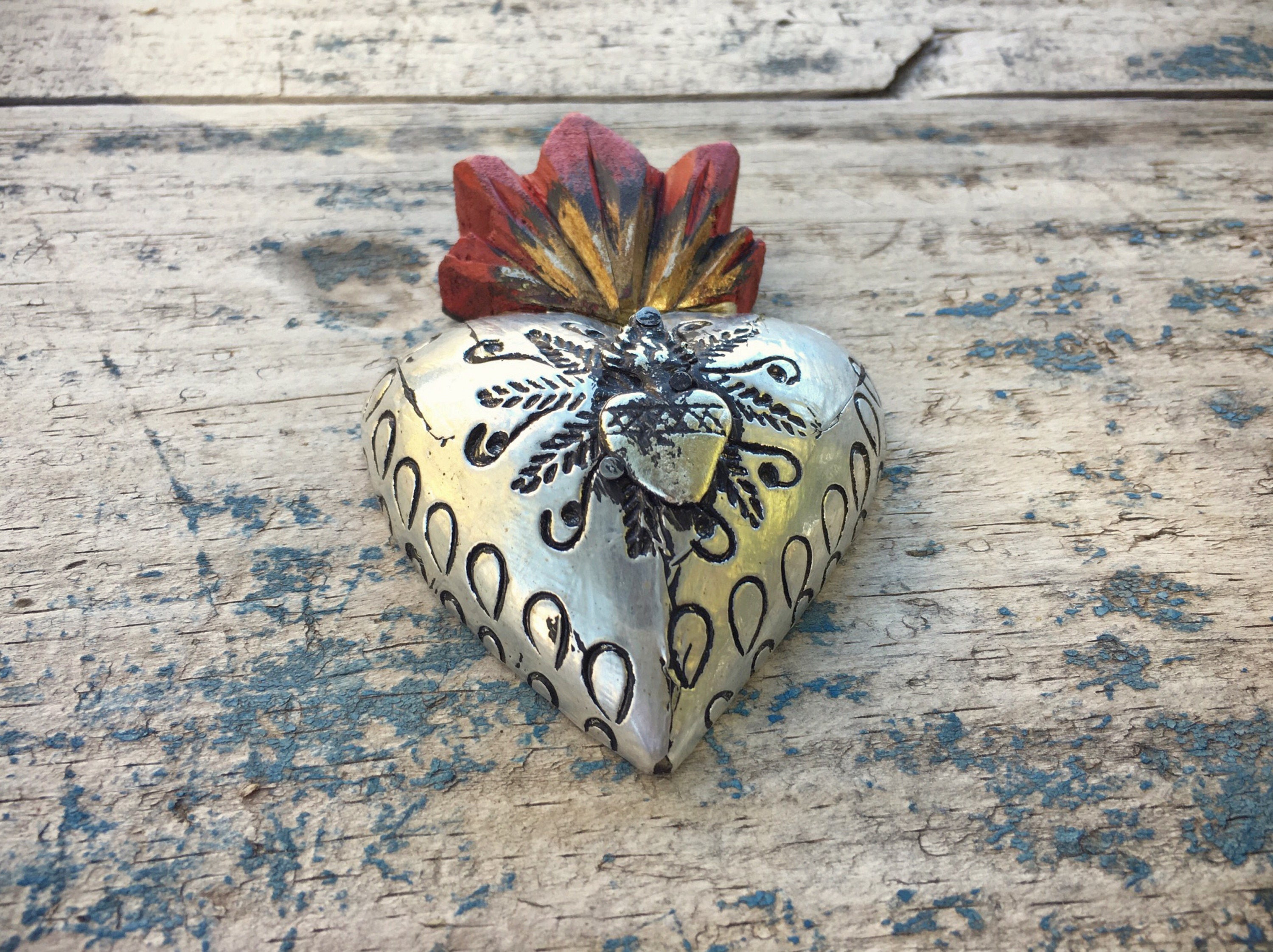 Small Sacred Heart Ex Voto for Shrine, Flaming Heart, Mexican Folk Art ...