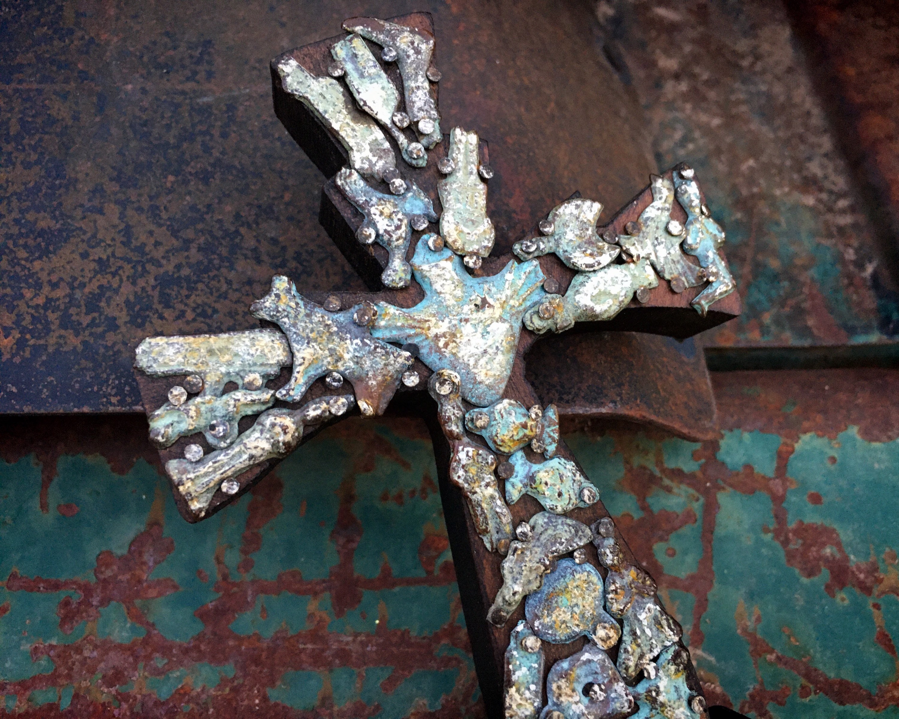 Small Mexican Milagro Cross on Stand with Miracle Art Religious Medals ...