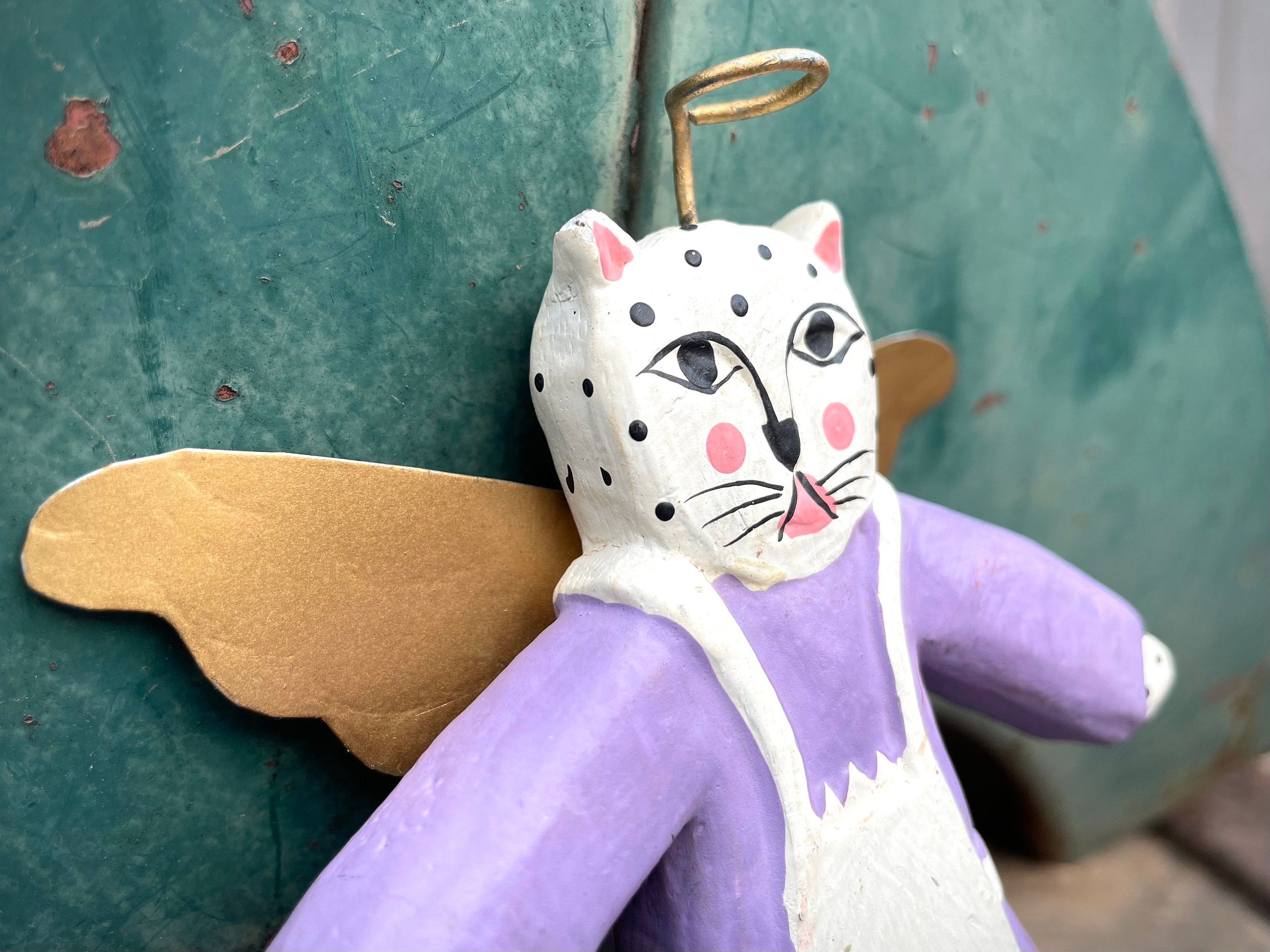 Small Distressed Bali Folk Art Painted Wood Spotted Cat Angel with ...