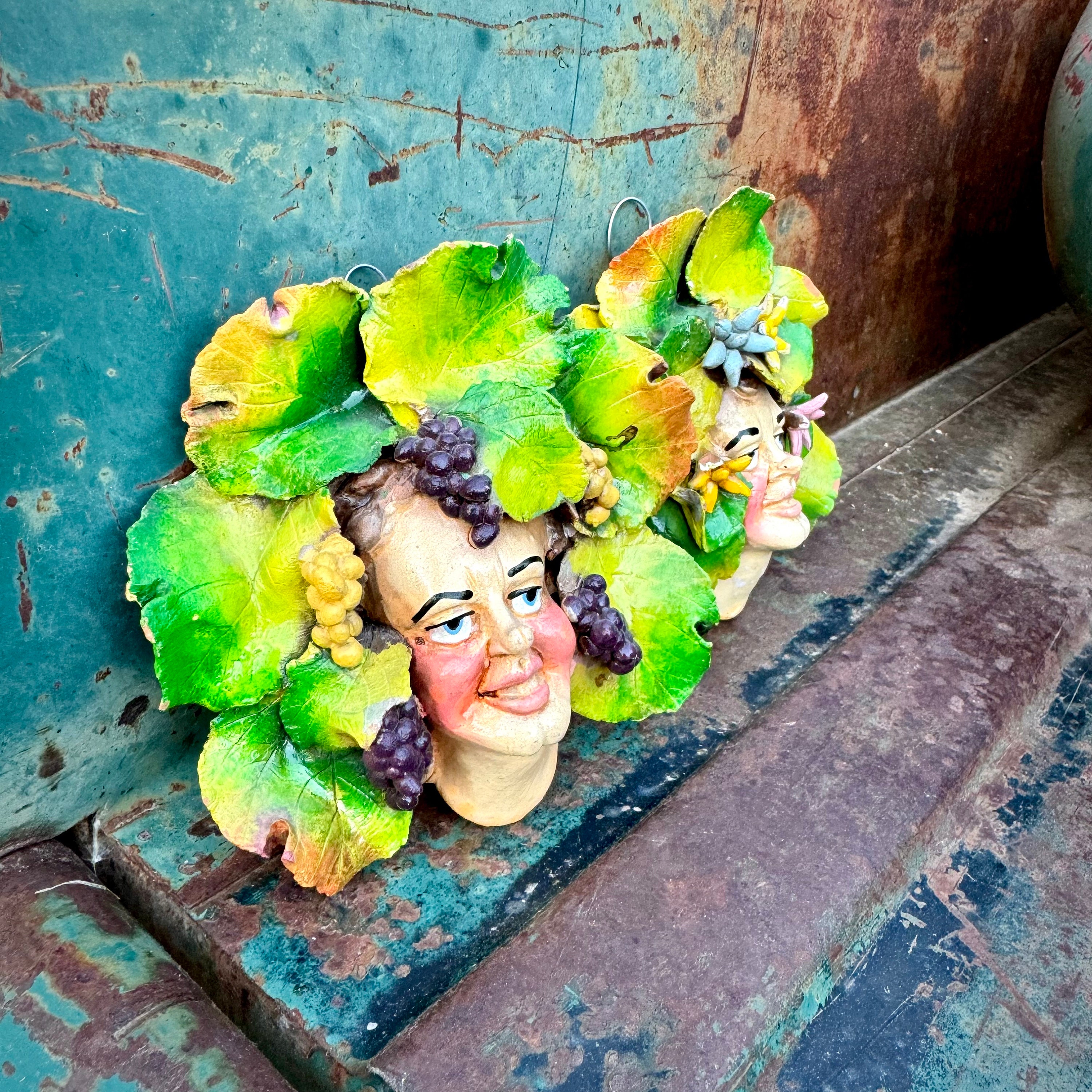 Two Vintage Italian Art Pottery Wall Hangings of Nature Nymph Lady Face ...