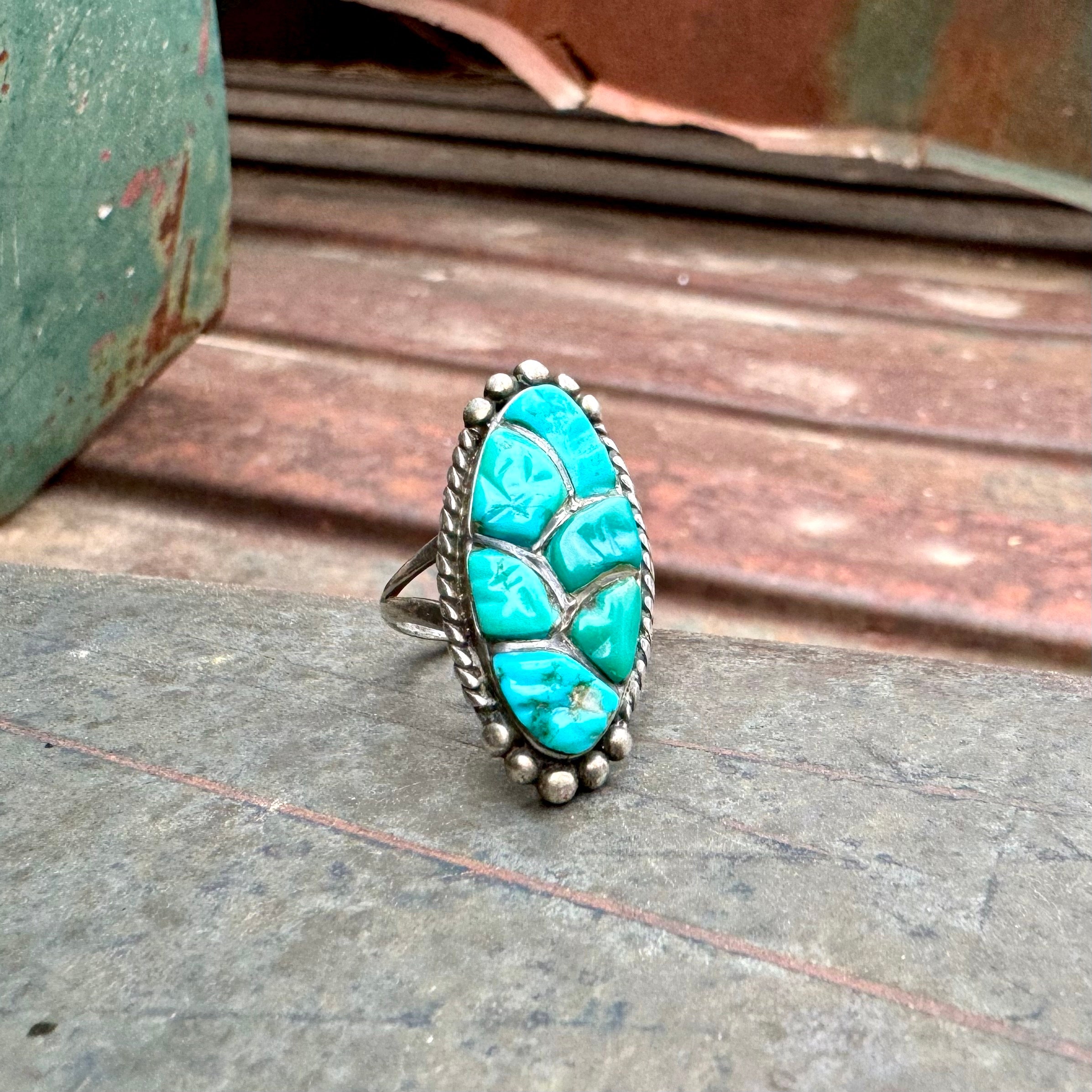 1950s Carved Turquoise Cobblestone Inlay Ring Size 6.25, Vintage Native ...