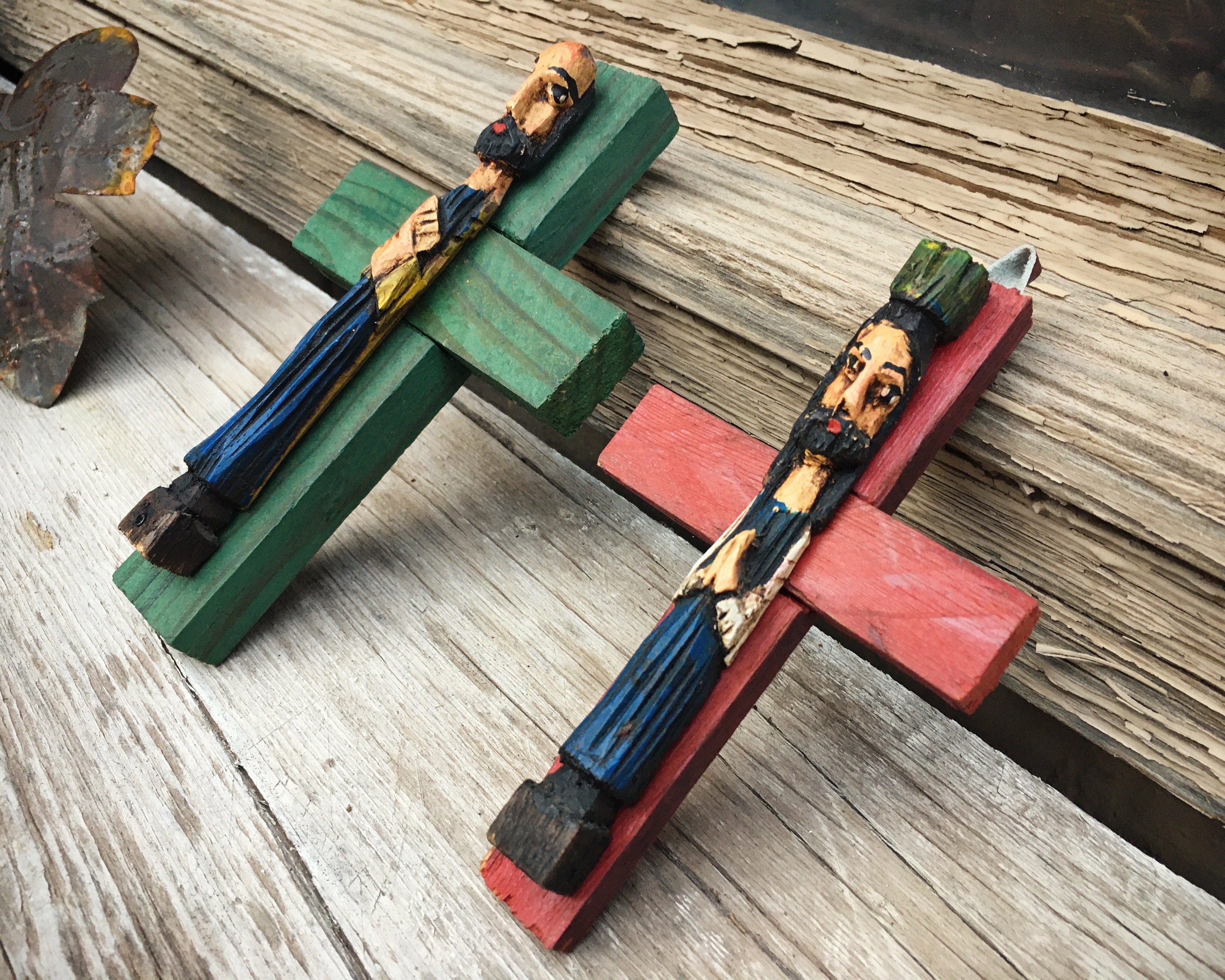Pair of Small Handmade Mexican Folk Art Jesus Christ on Cross Wall ...