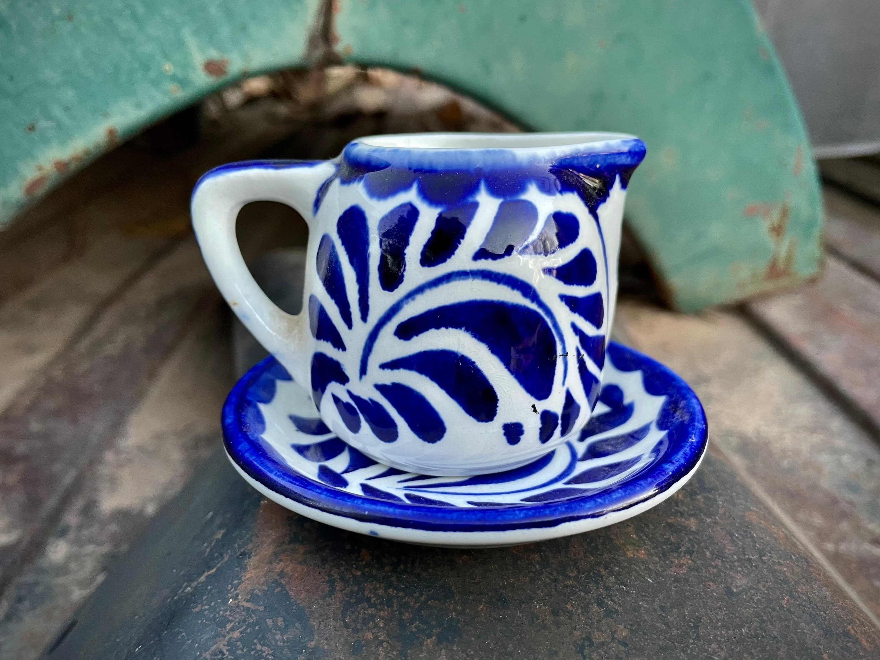 Mexican Anfora Puebla Blue Very Small Creamer and Saucer, Blue and ...
