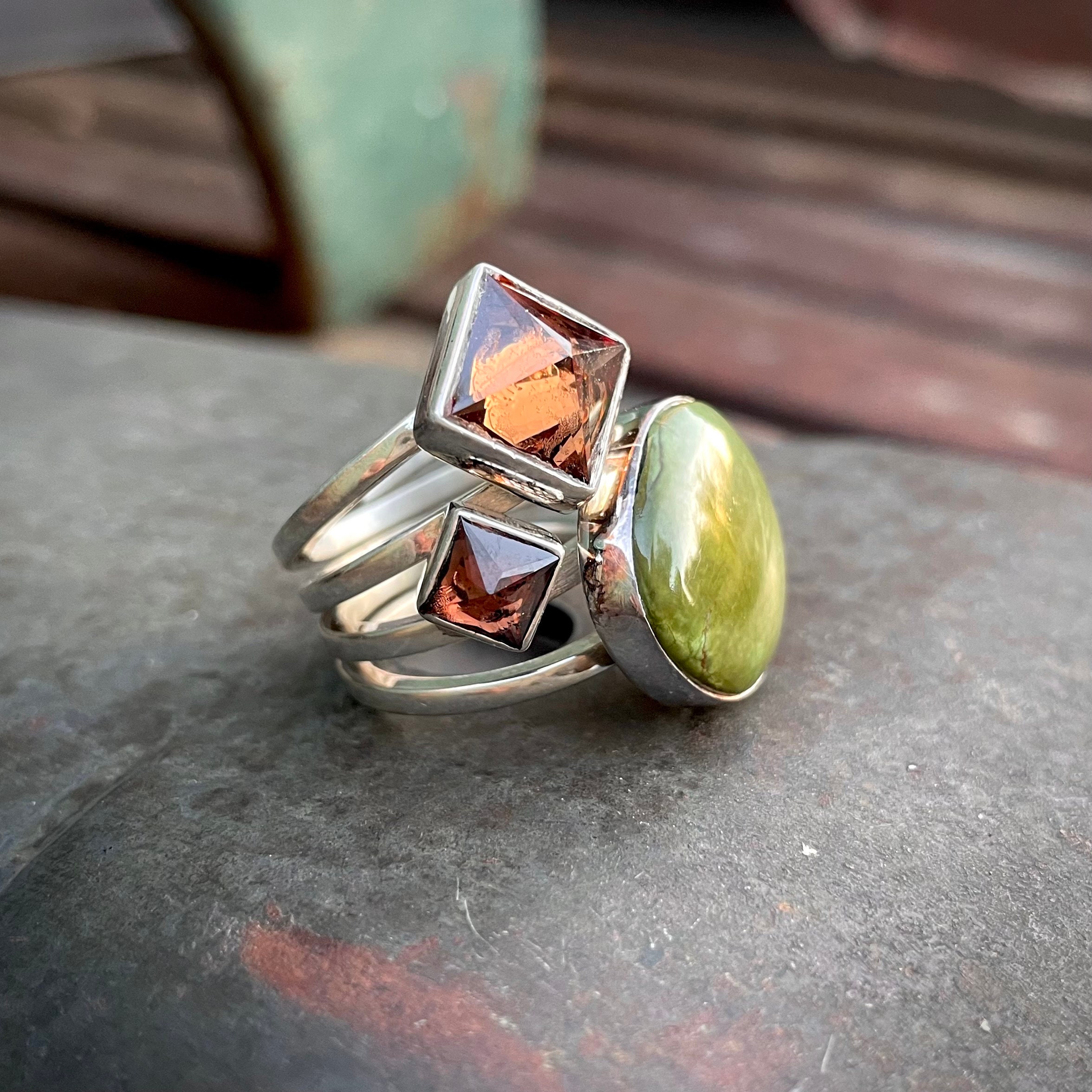 Sterling Silver Green Turquoise Brown Sherry Gemstone Lilly Barrack Ring Approx Size 8.5