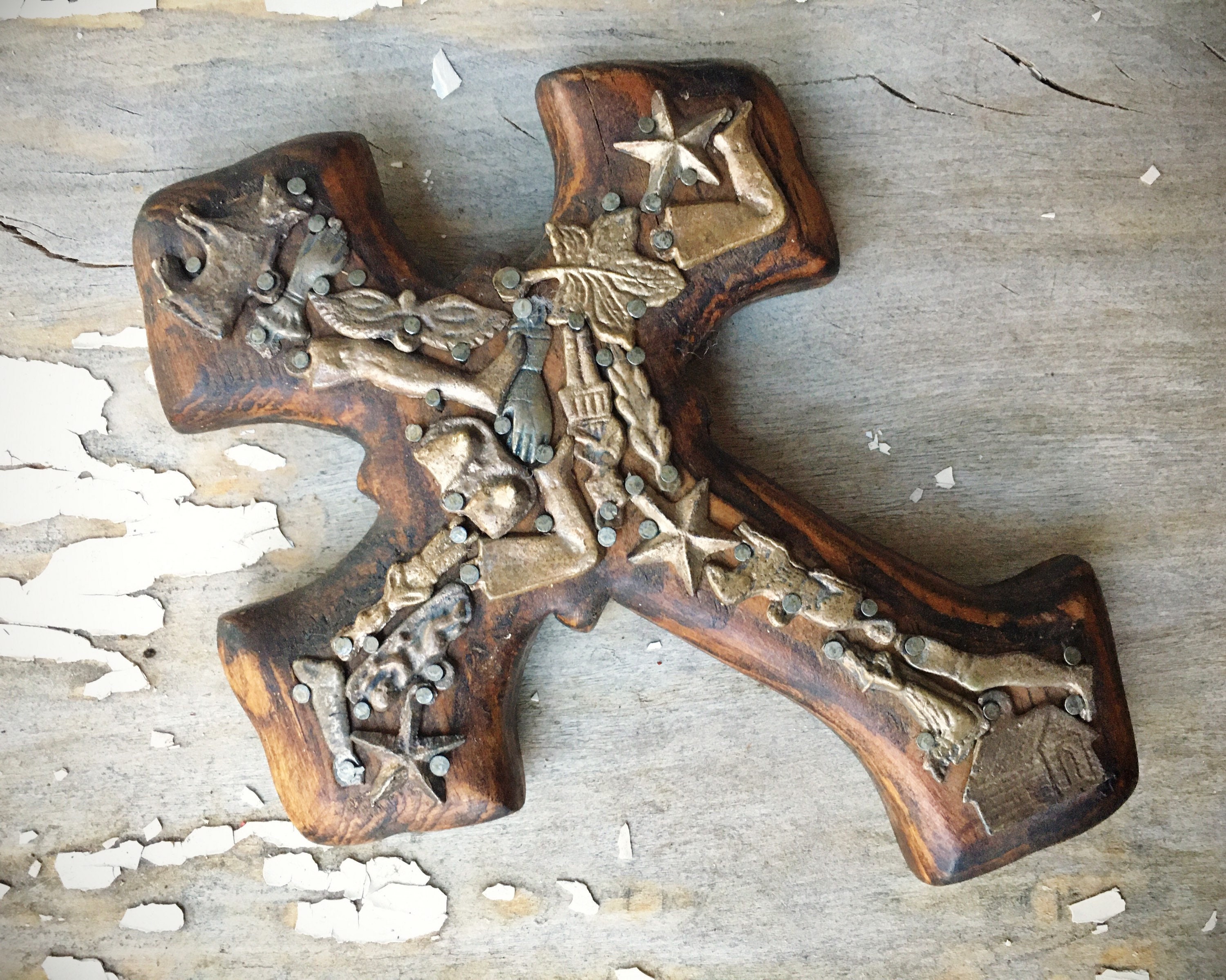 Small Vintage Mexican Milagro Wooden Cross with Charm Amulets, Mexican ...