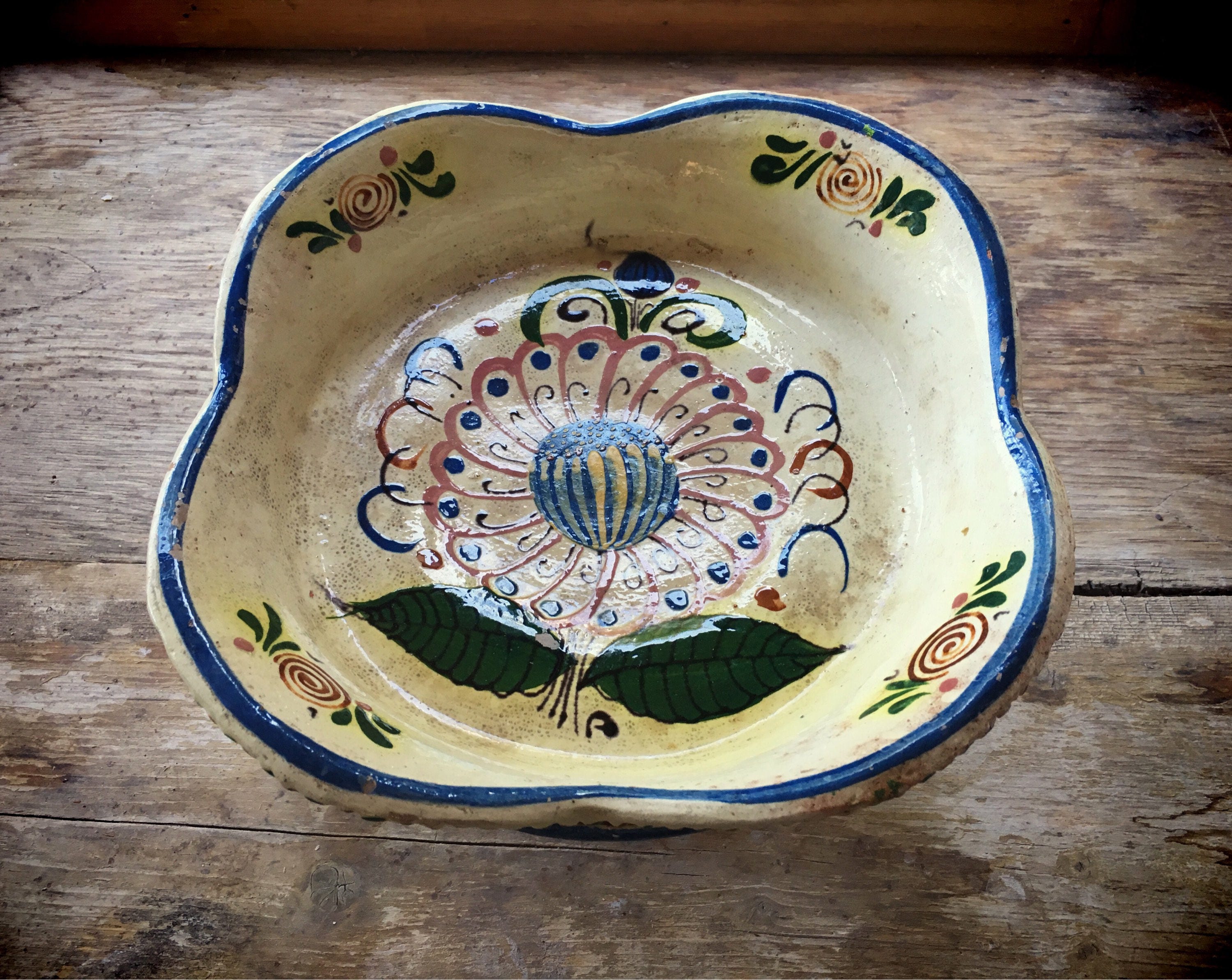 Old Mexican pottery vintage Tlaquepaque pedestal fruit bowl rustic home ...