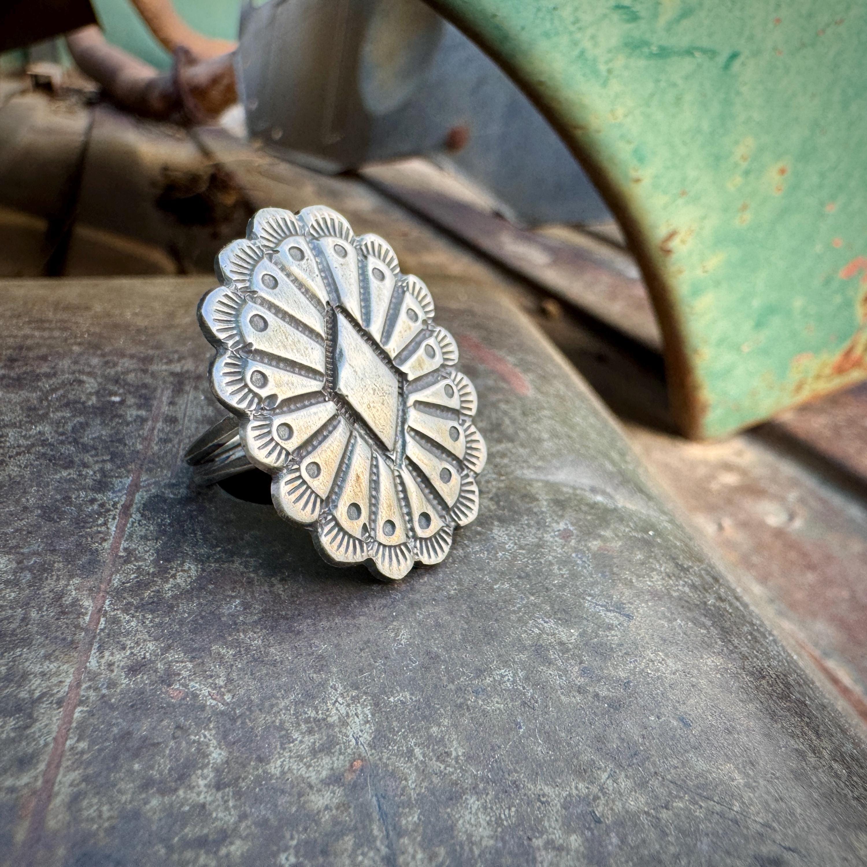 Vintage Stamped Sterling Silver Concho Ring Size 8, Heavy Rustic ...