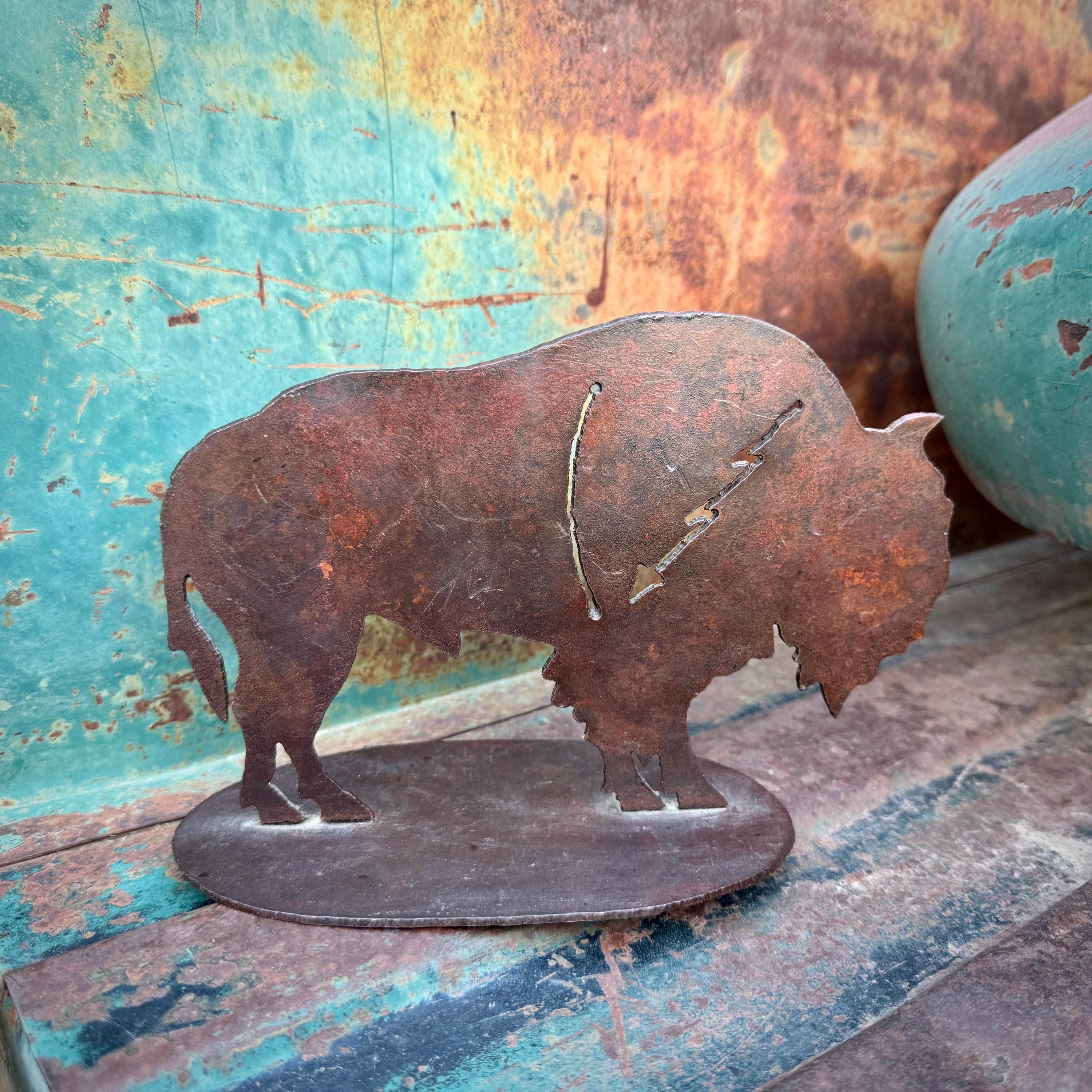 Vintage Rustic Metal Bison Buffalo Sculpture, Farmhouse Ranch Decor ...