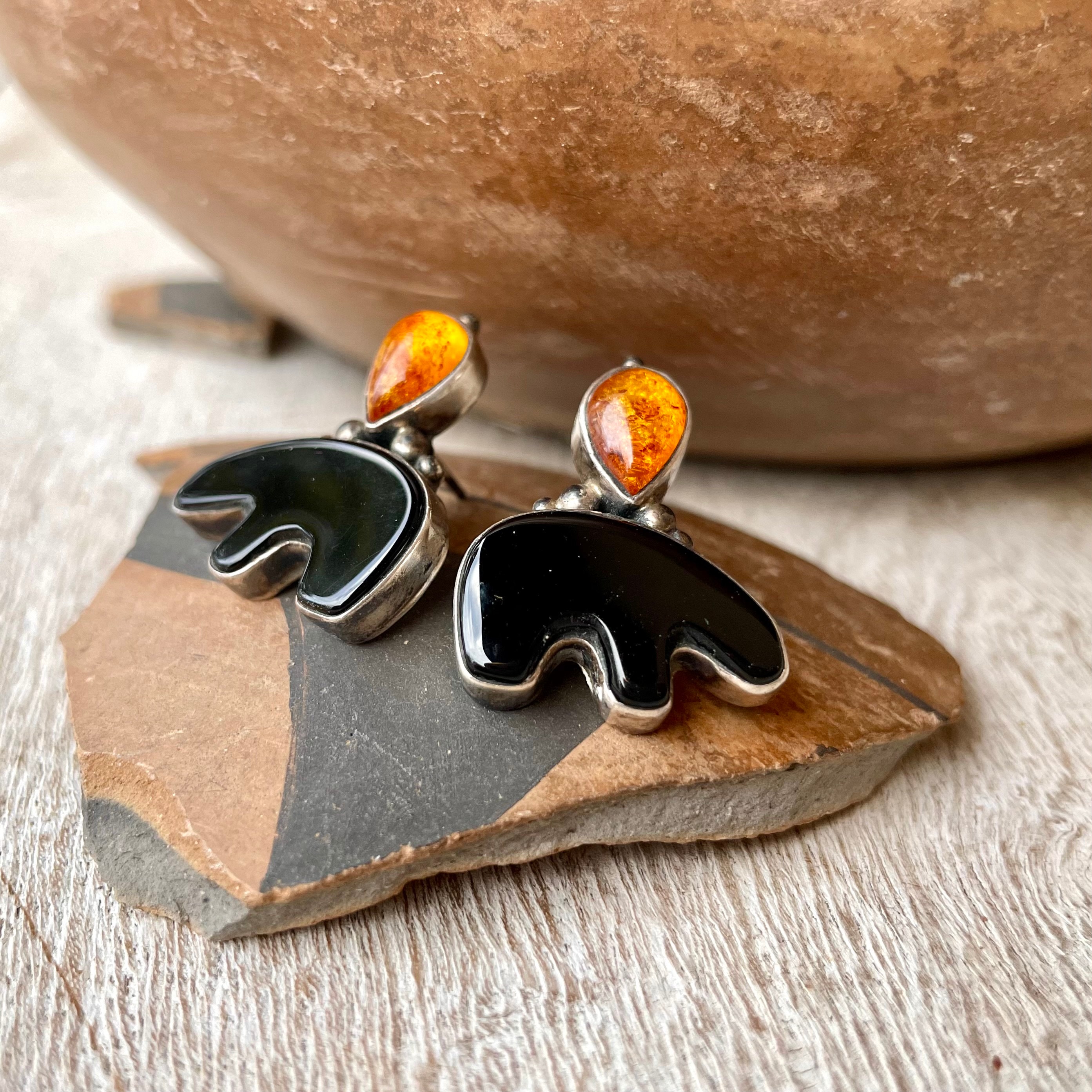 Vintage Black Onyx Bear Earrings w/ Bezel-Set Amber, 925 Sterling ...