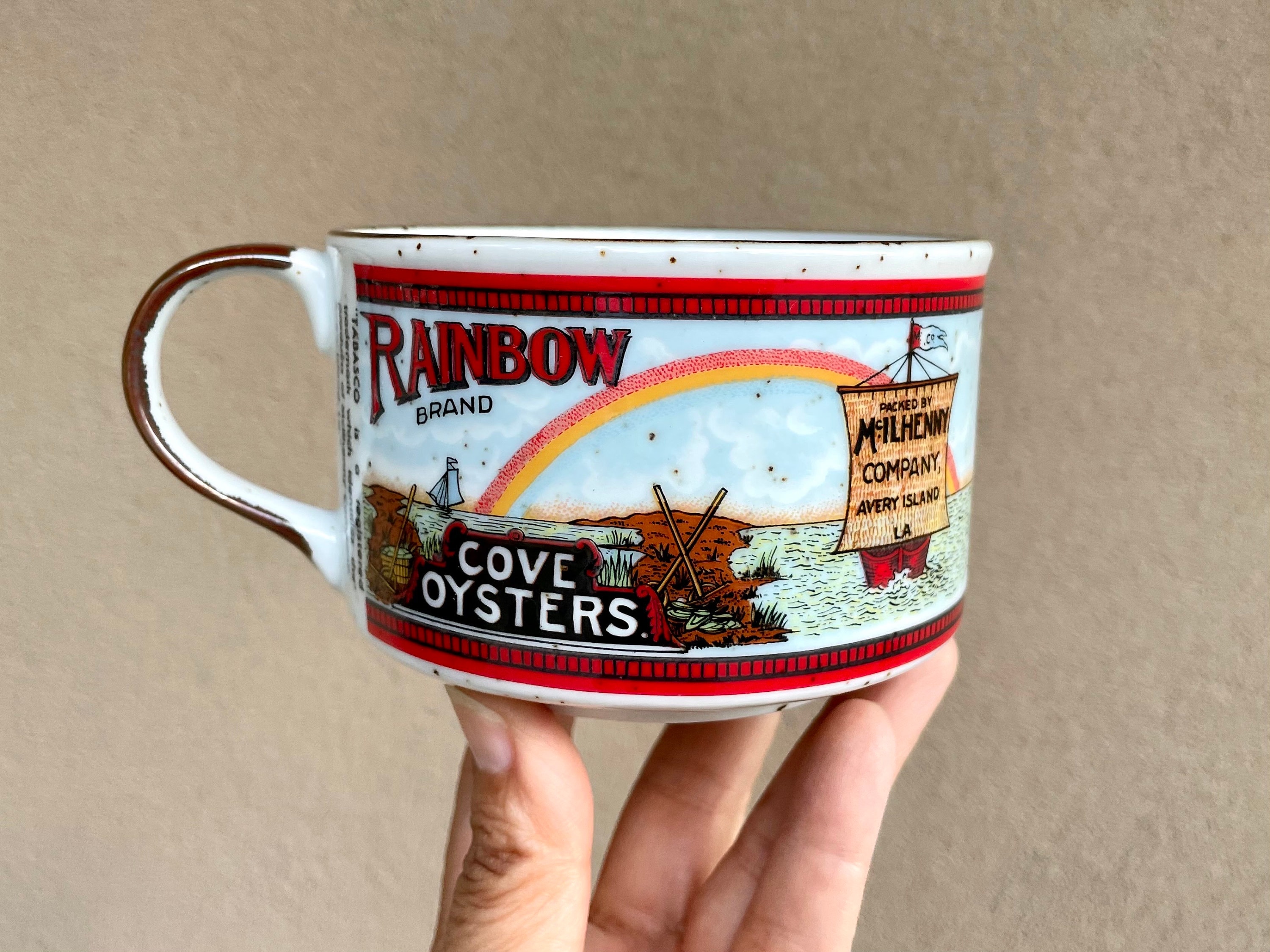 Two Vintage Fabled Labels Gumbo Soup Mugs DH Holmes Tabasco Oyster ...