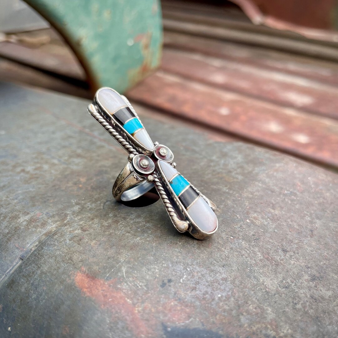 Vintage Zuni Inlay Turquoise Mother of Pearl Jet Long Ring Size 5 ...