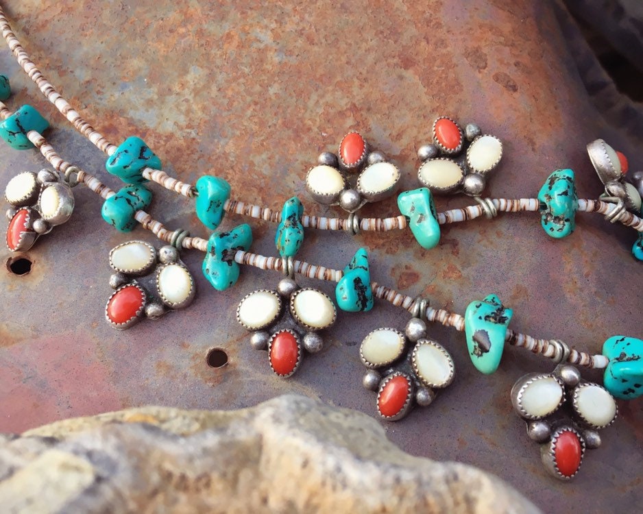 Vintage Long Native American Indian Necklace with Mother of Pearl Coral ...