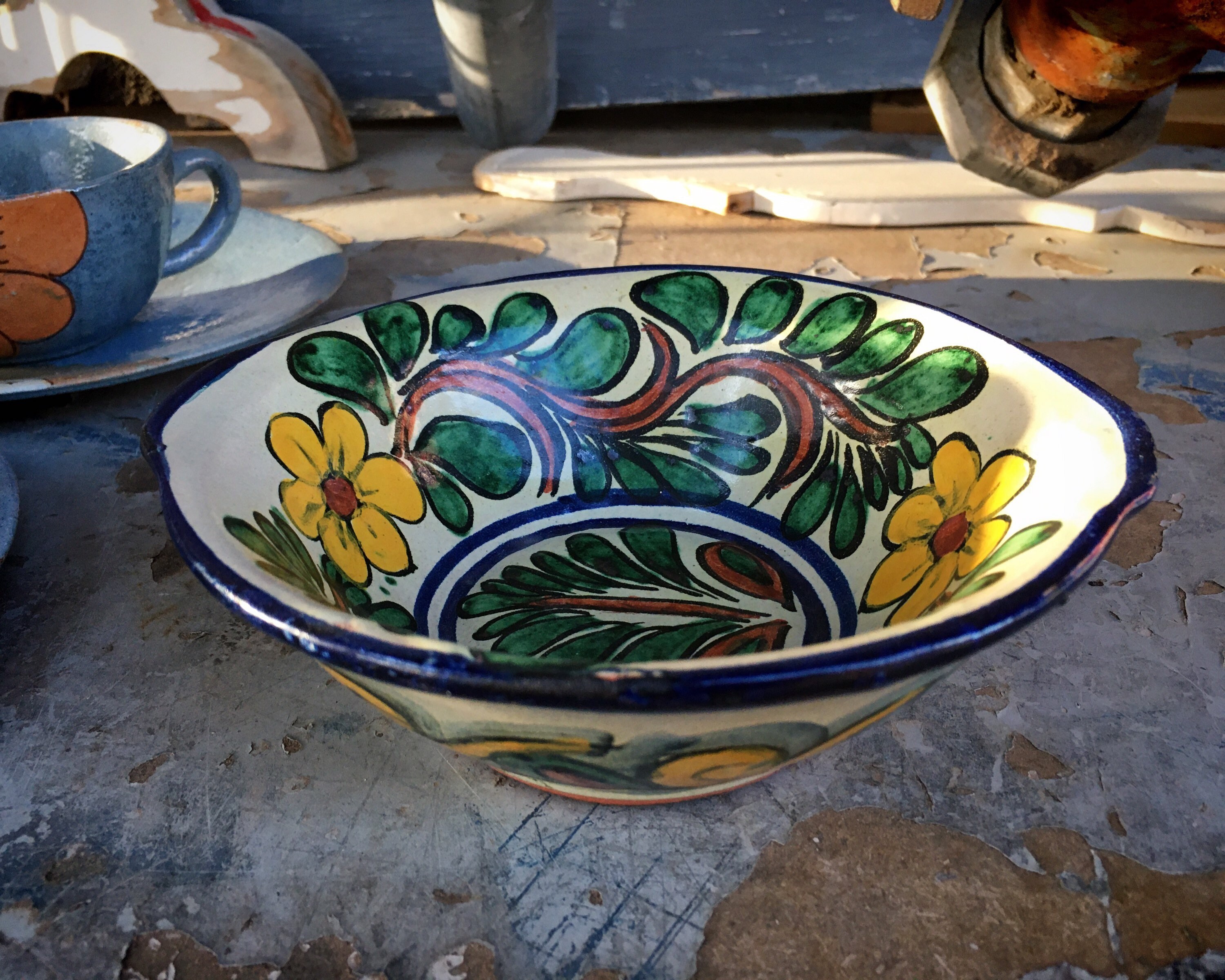 Vintage Mexican Talavera Pottery Bowl Trinket Dish 6 Blue and Yellow ...