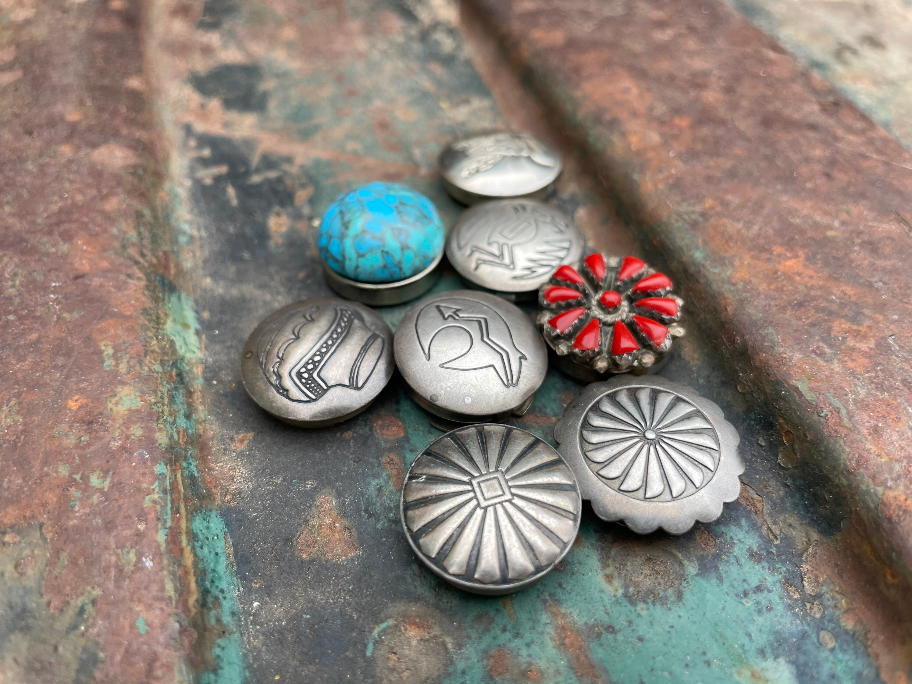 Eight Mismatched Silver Button Covers (One Zuni Coral), Native American ...