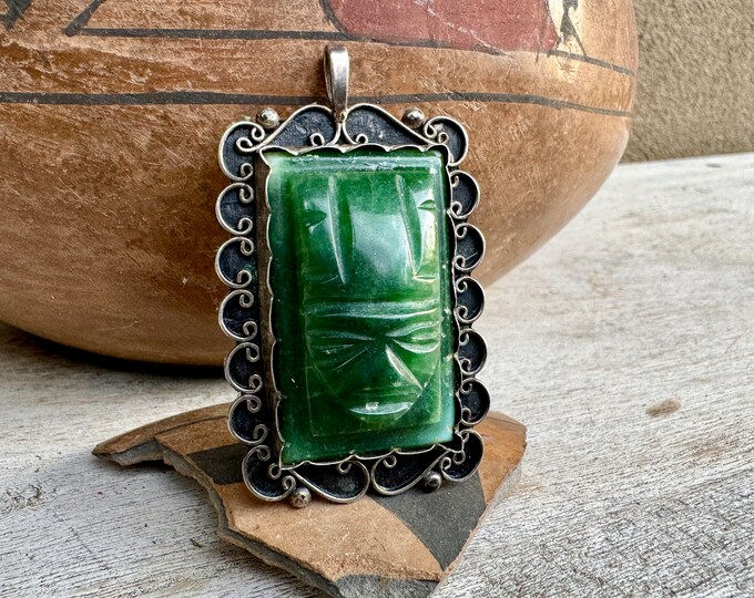 1940s Carved Jade Jadeite Aztec Face Pendant, Pre-eagle Sterling Silver ...