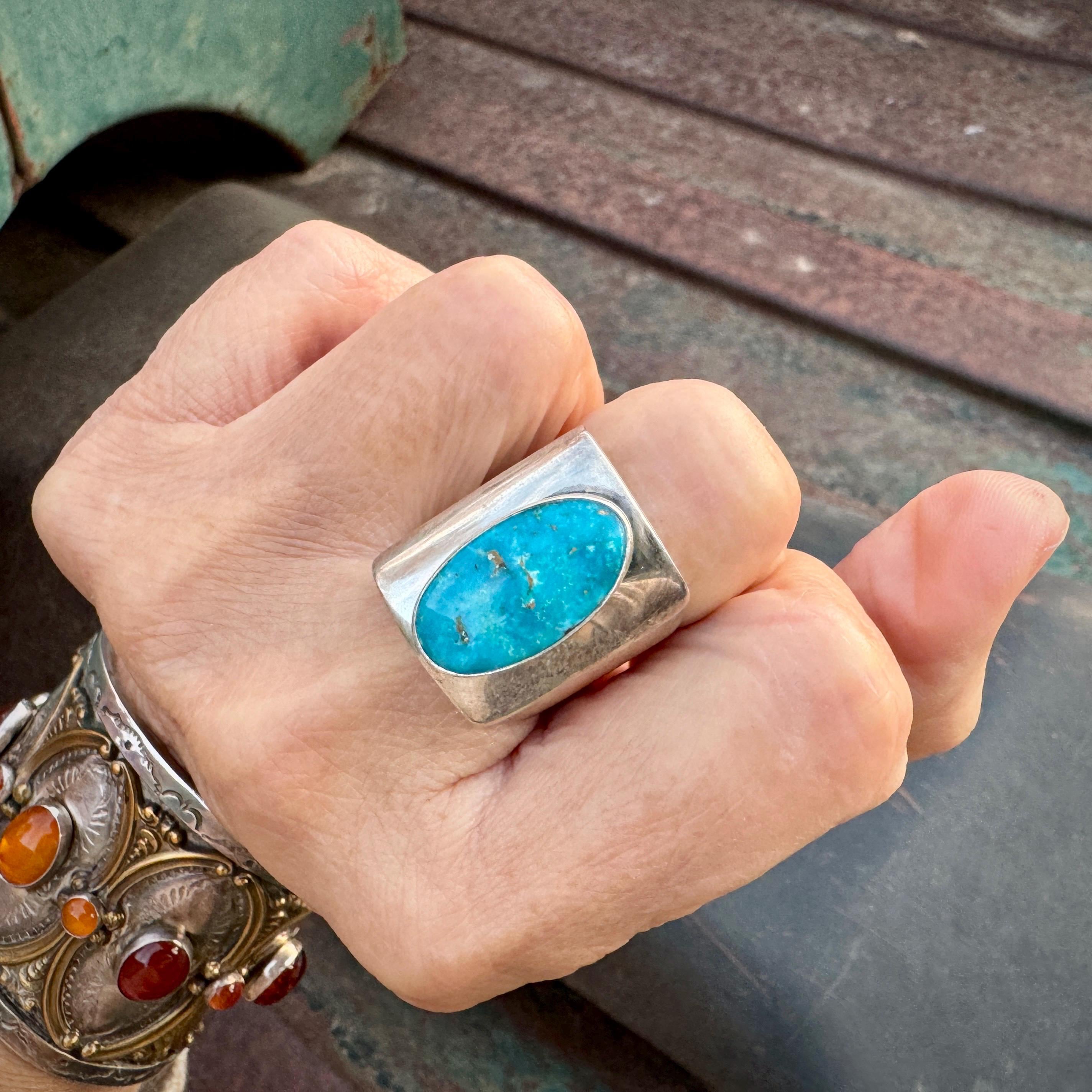 Navajo Juan Willie for Gertrude Zachary Turquoise Sterling Silver Ring Size 7.5 Slightly Adj