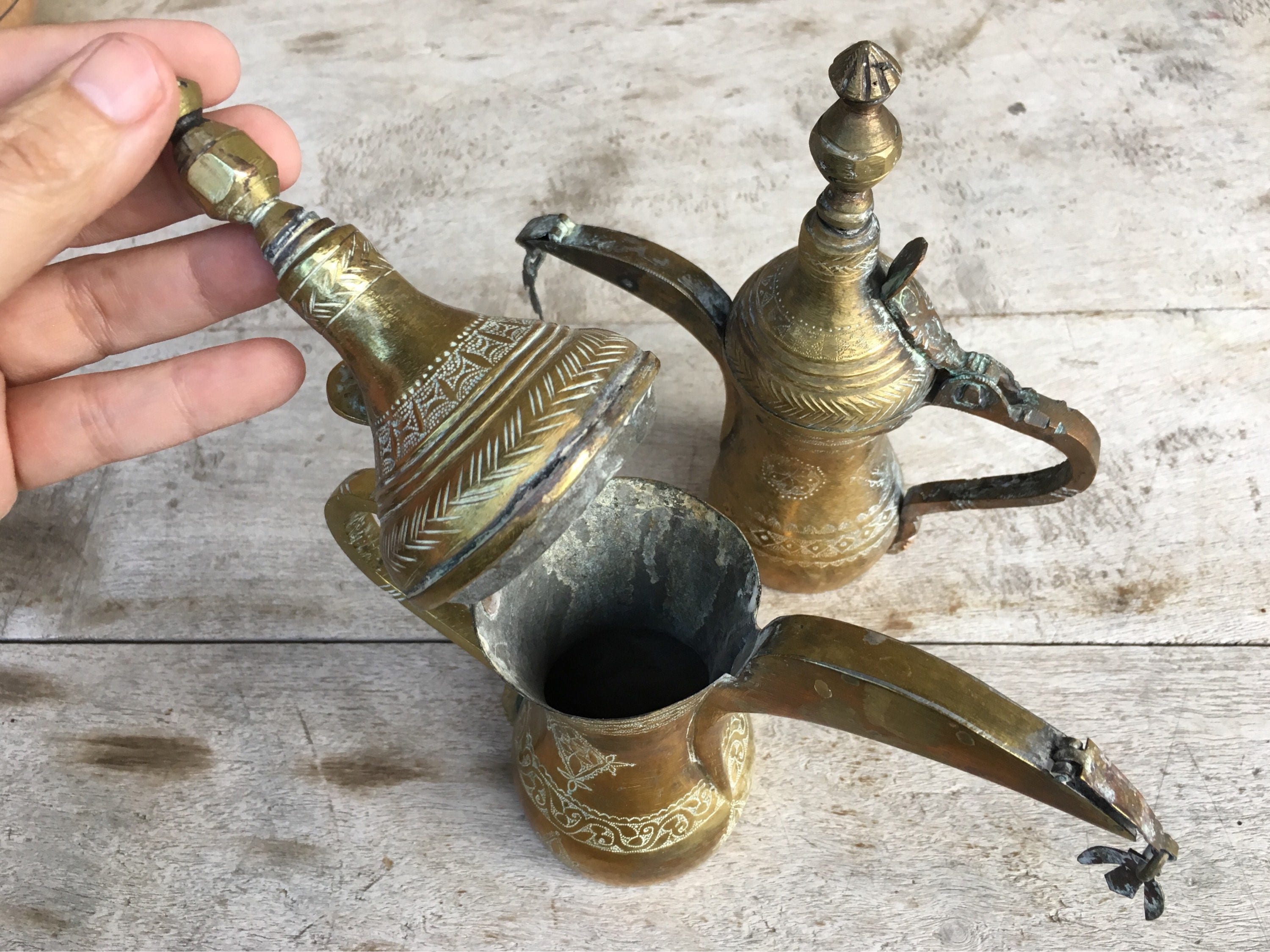 Pair of old Dallah Nizwa Arabic coffee pots brass copper antique ...
