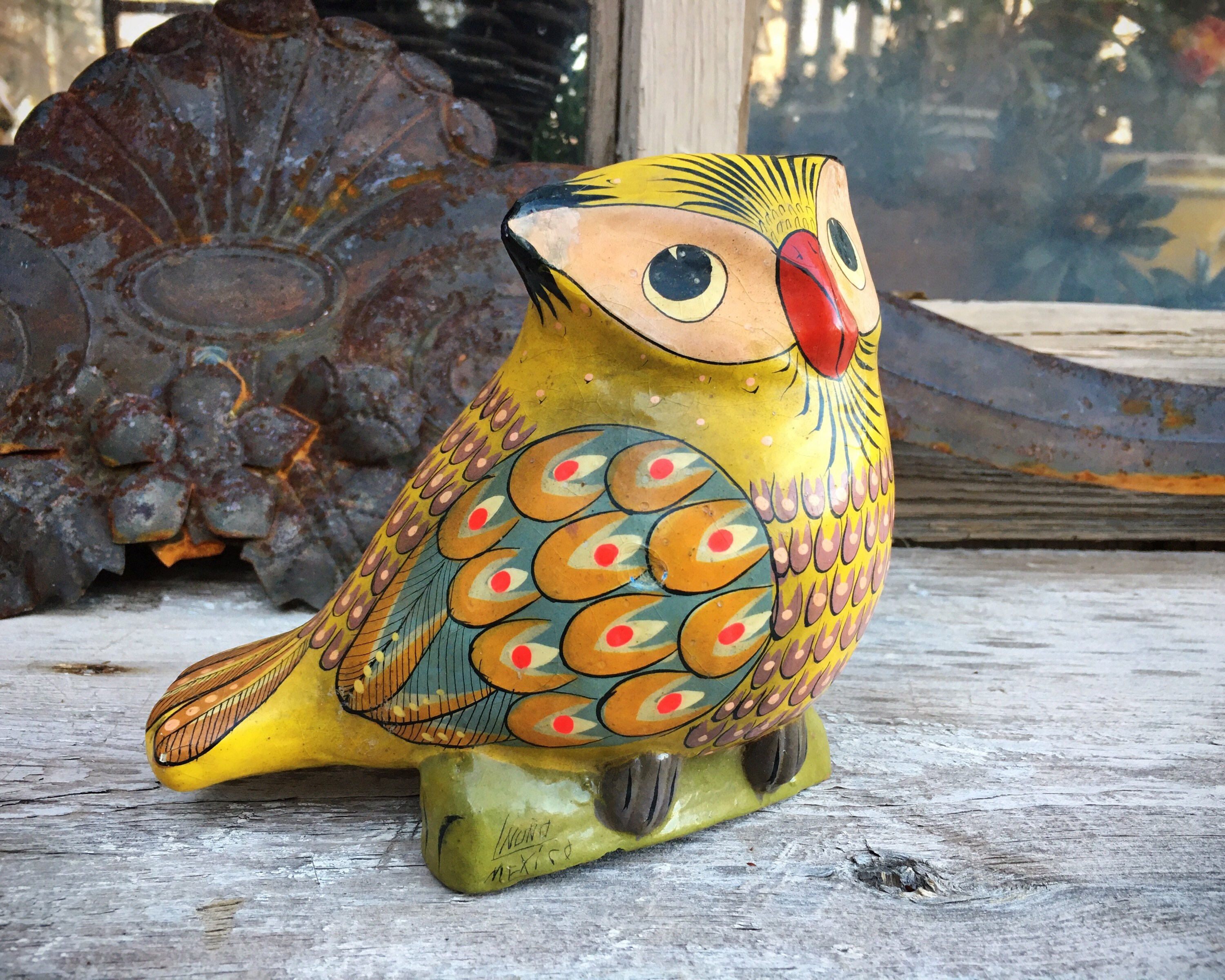 Yellow Paper Mache Owl from Tonala Mexico Folk Art, Give a Hoot Gift ...