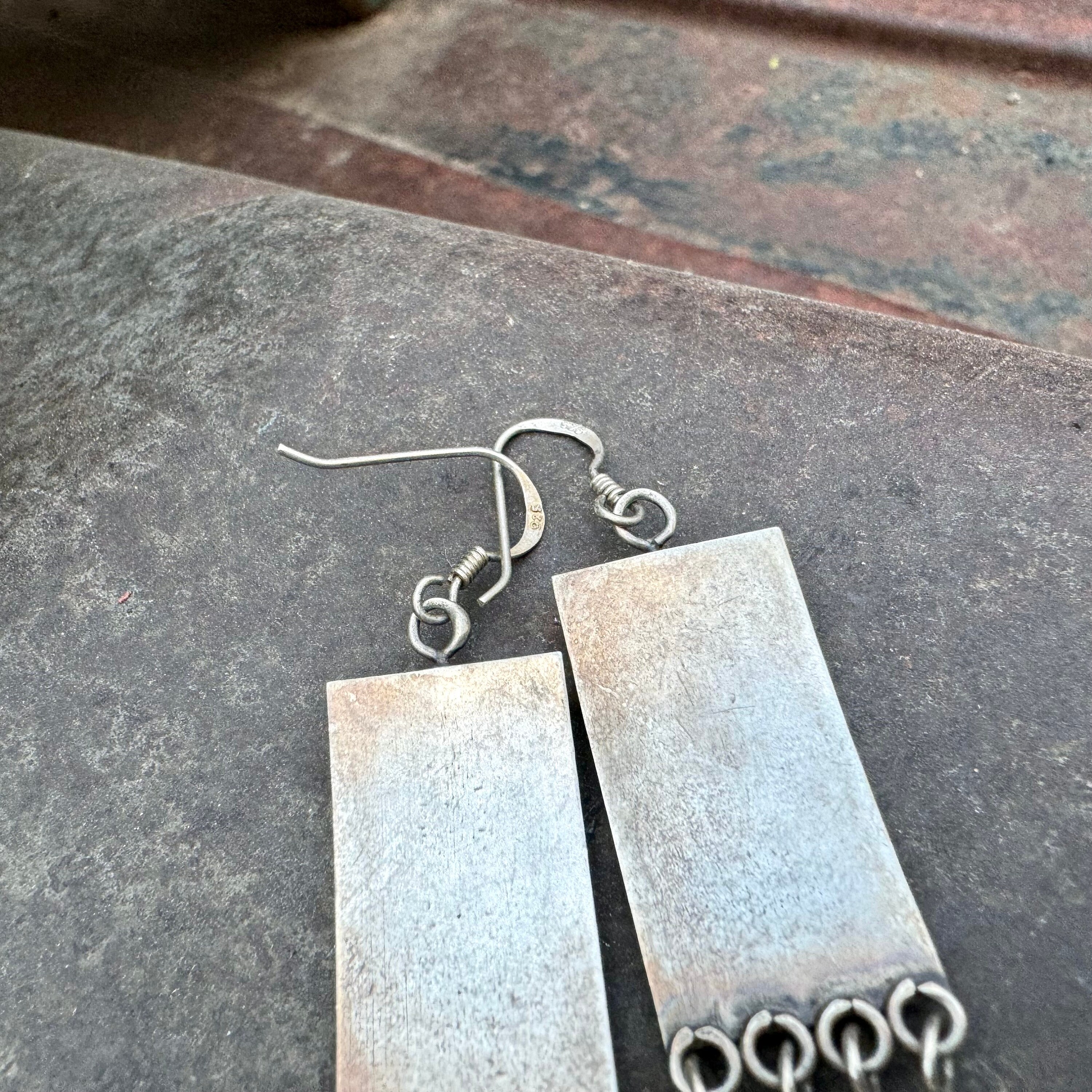 Vintage Sterling Silver Rectangle Earrings with Squared Feather Dangles ...