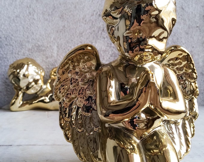 Pair of Vintage Shiny Gold Porcelain Cherub Statues, Shiny Gold Ceramic ...