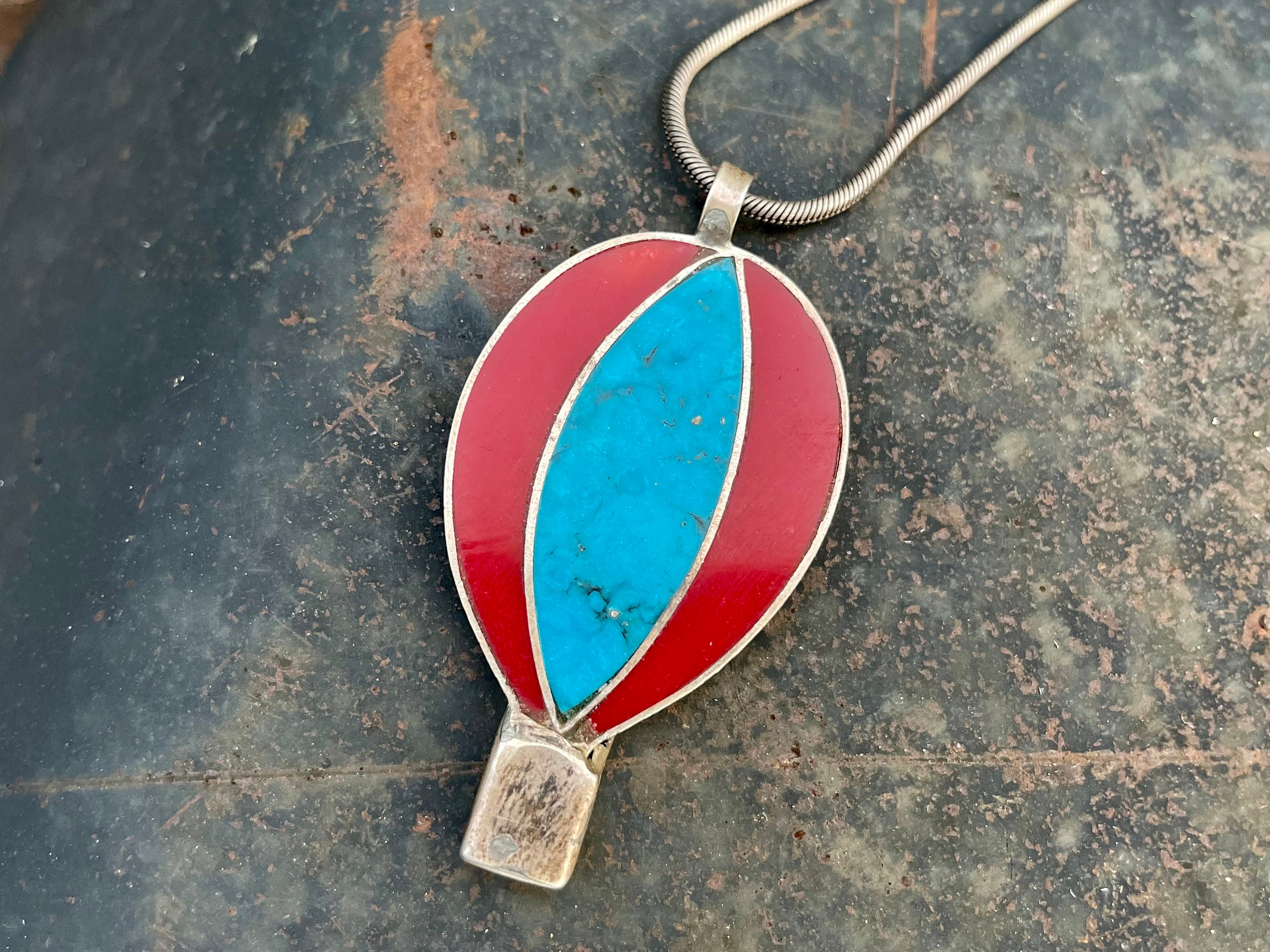 Hot Air Balloon Pendant Necklace of Faux Turquoise and Coral, Vintage ...