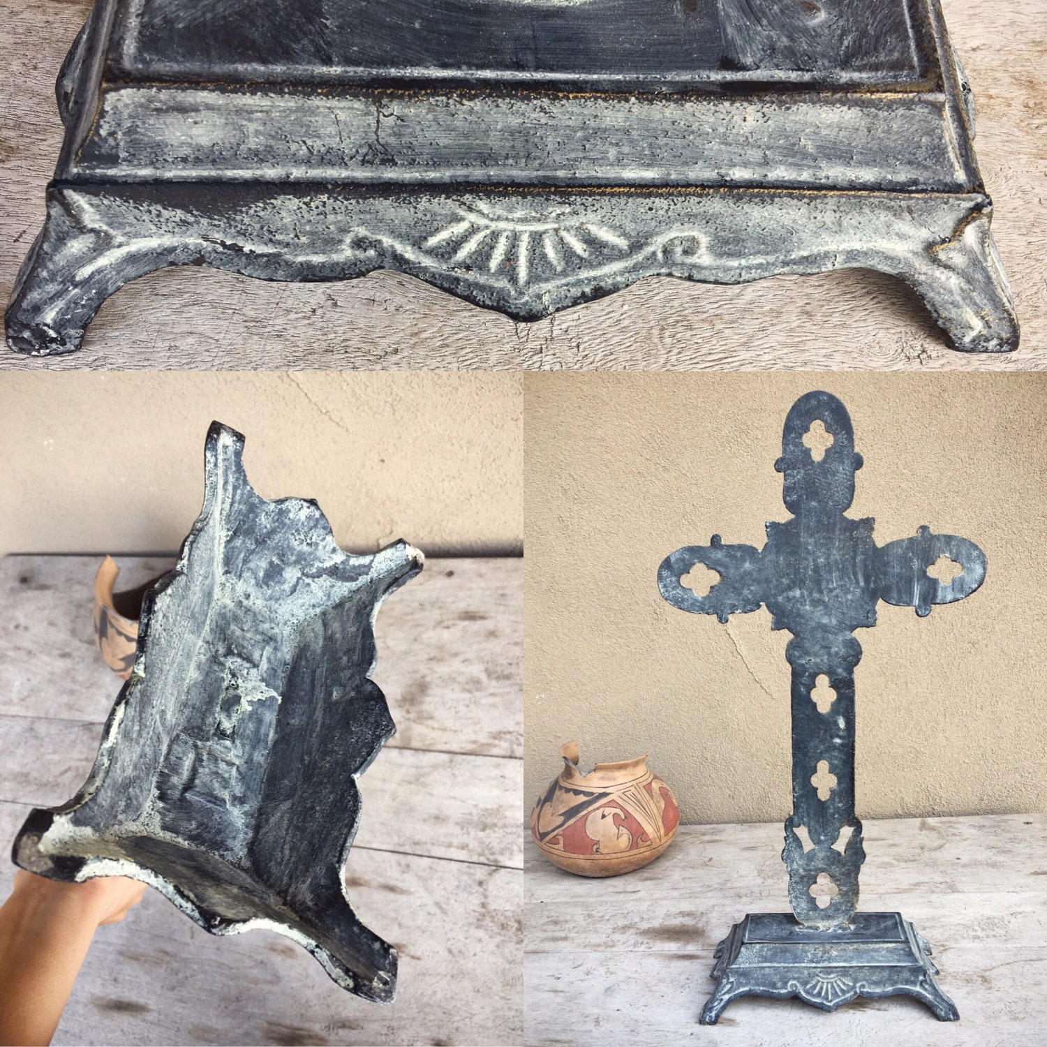 Vintage heavy cast iron standing cross garden memorial rustic home decor