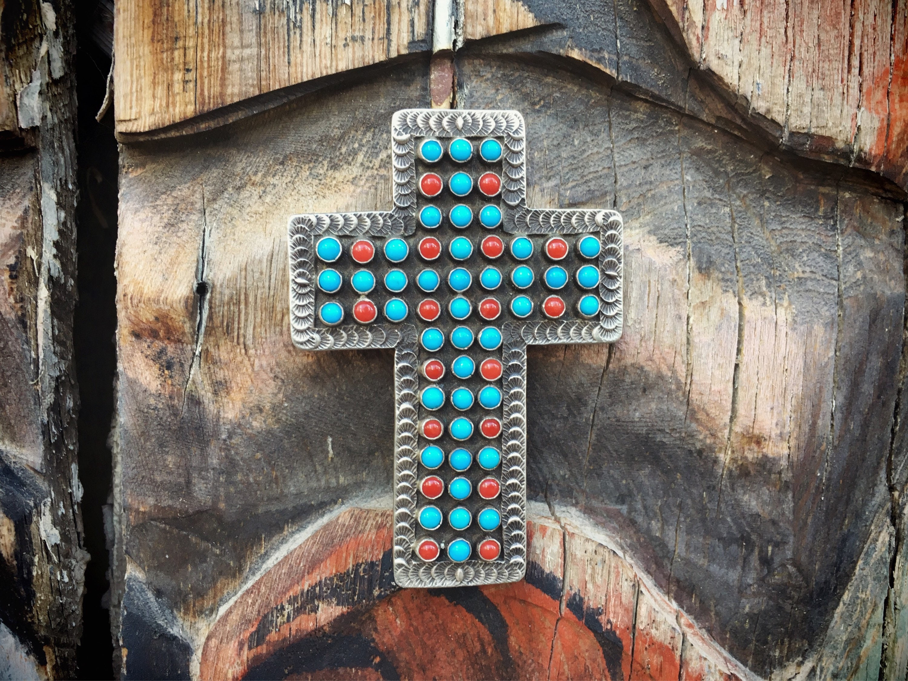 Signed Navajo Cross Coral Turquoise Pendant Brooch Native American ...